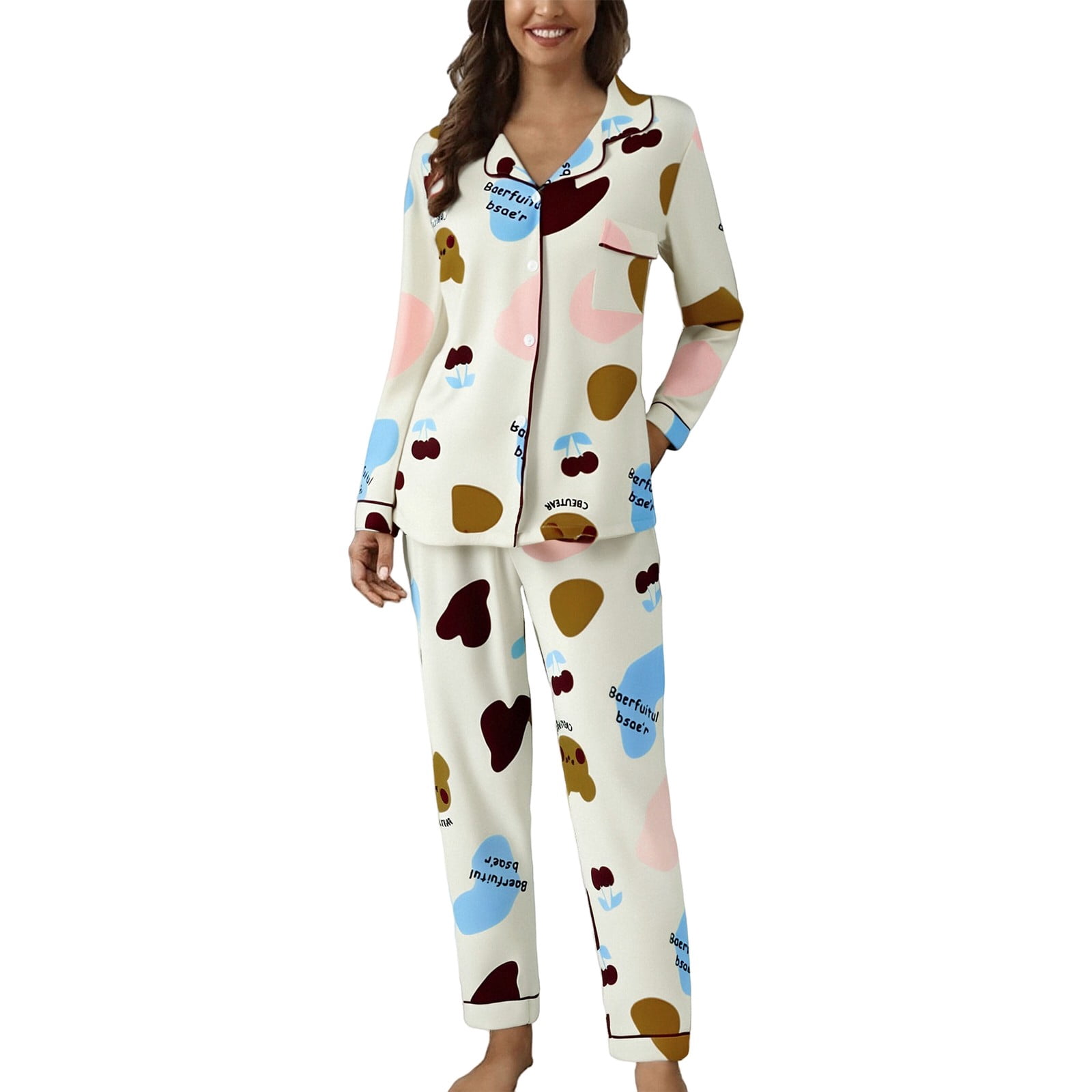 FUNUONY Women Pajama Sets Two-Piece Nightwear Long Sleeve Sleepwear ...