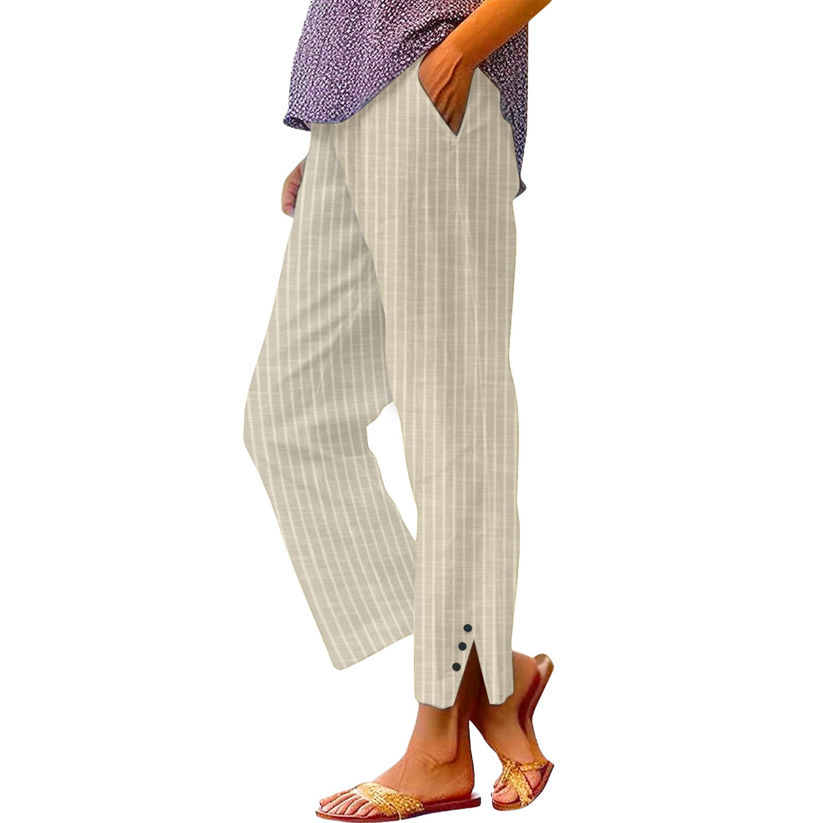FUNUONY Women's Linen Cropped Pants Ankle Capris Straight Leg Trousers ...