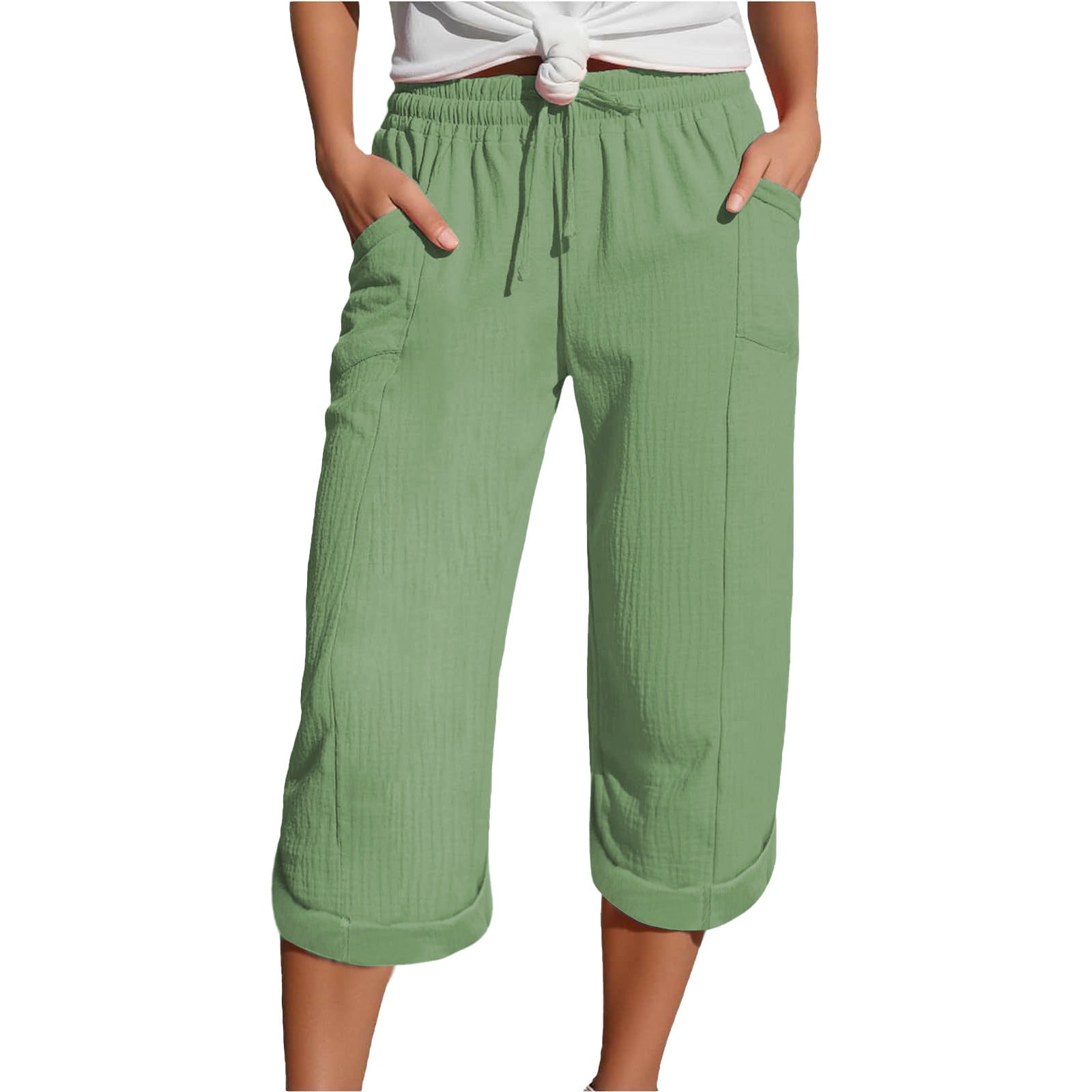 FUNUONY Women's Linen Wide Leg Capri Pants Beach High Waisted ...