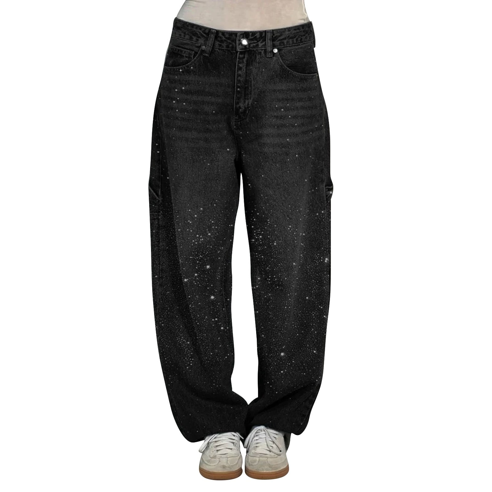 FUNUONY Womens Rhinestone Straight Wide Leg Jeans Loose Harem Jeans ...