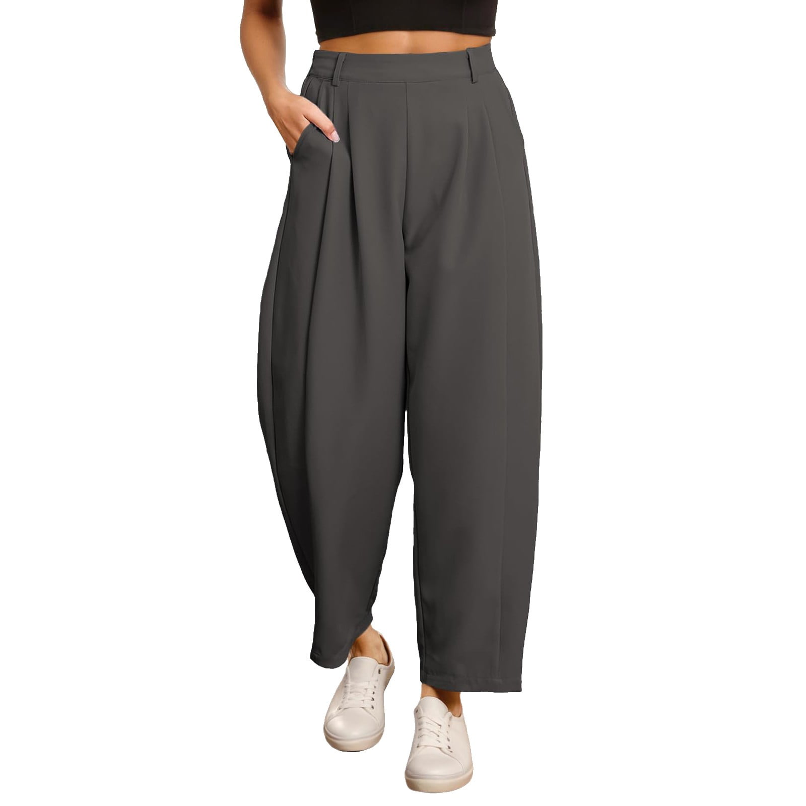 FUNUONY Womens Wide Leg Work Pants High Waisted Tapered Barrel Trousers ...
