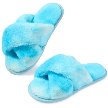 Ginisom Girls Fuzzy Slippers Kids Open Toe Cross Band Fluffy House ...