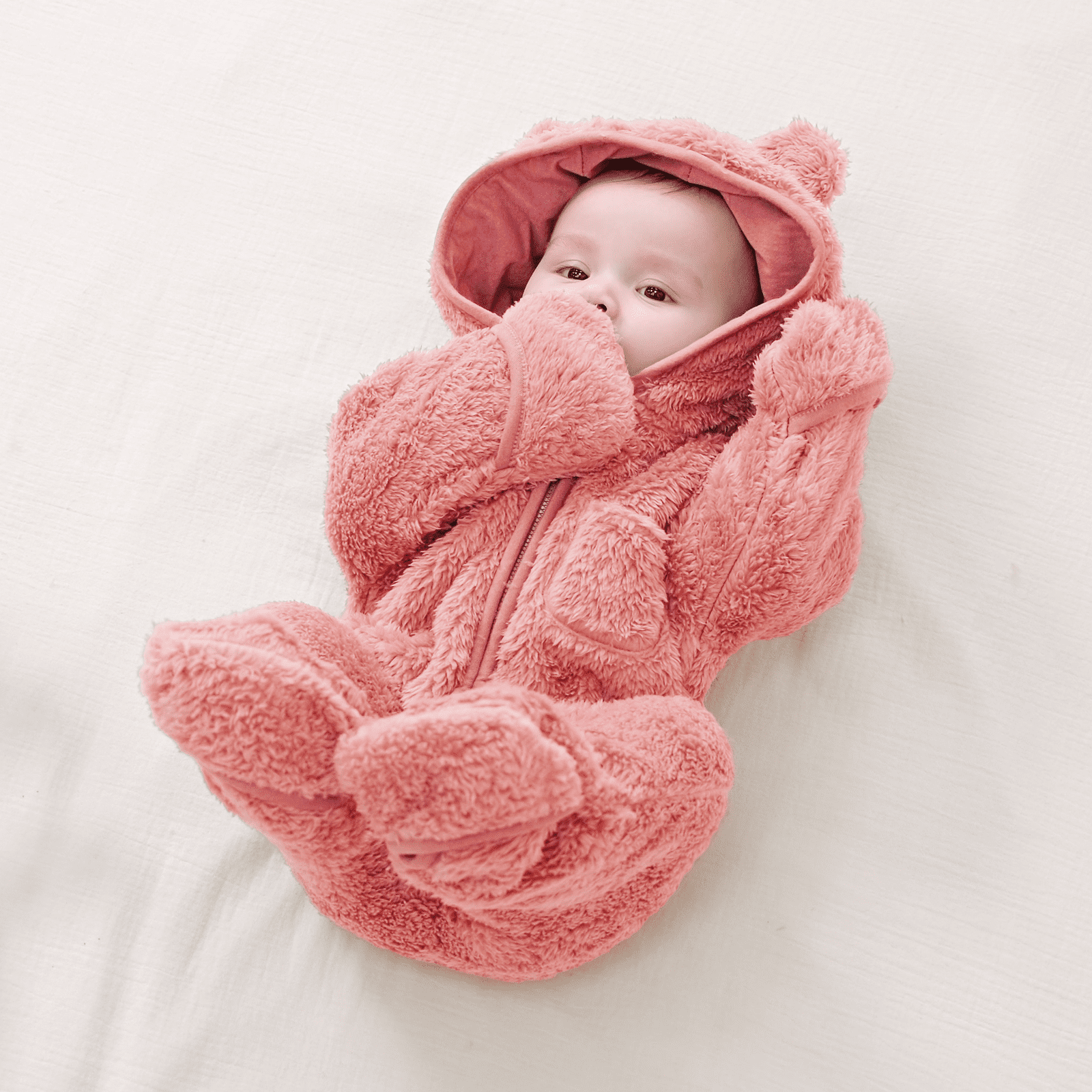 FURDEAR Newborn Baby Bear Fleece Romper with Fold-Over Mittens ...