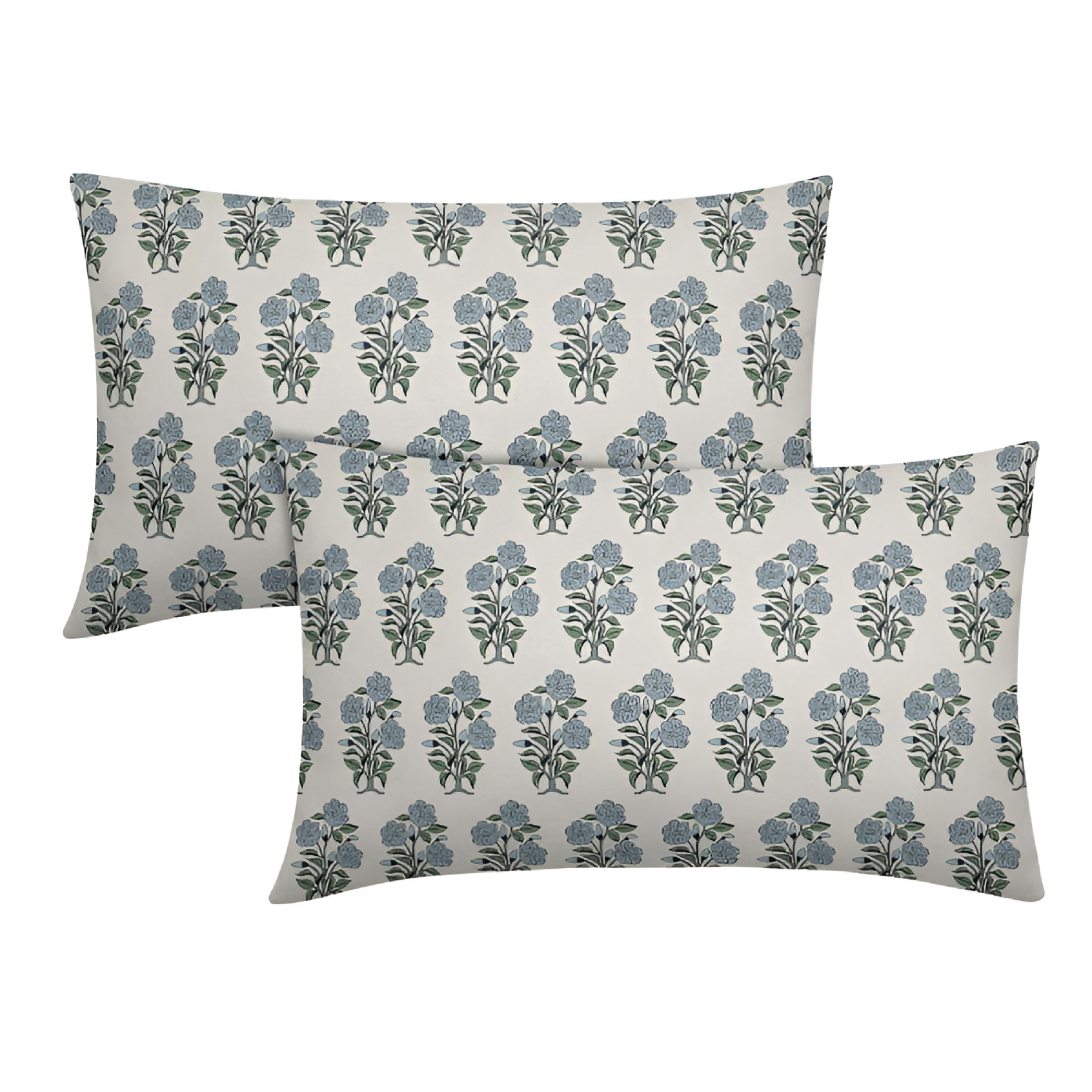 FURMORA Blue Green Floral Block Print Lumbar Pillow Covers 12x20 Set of ...