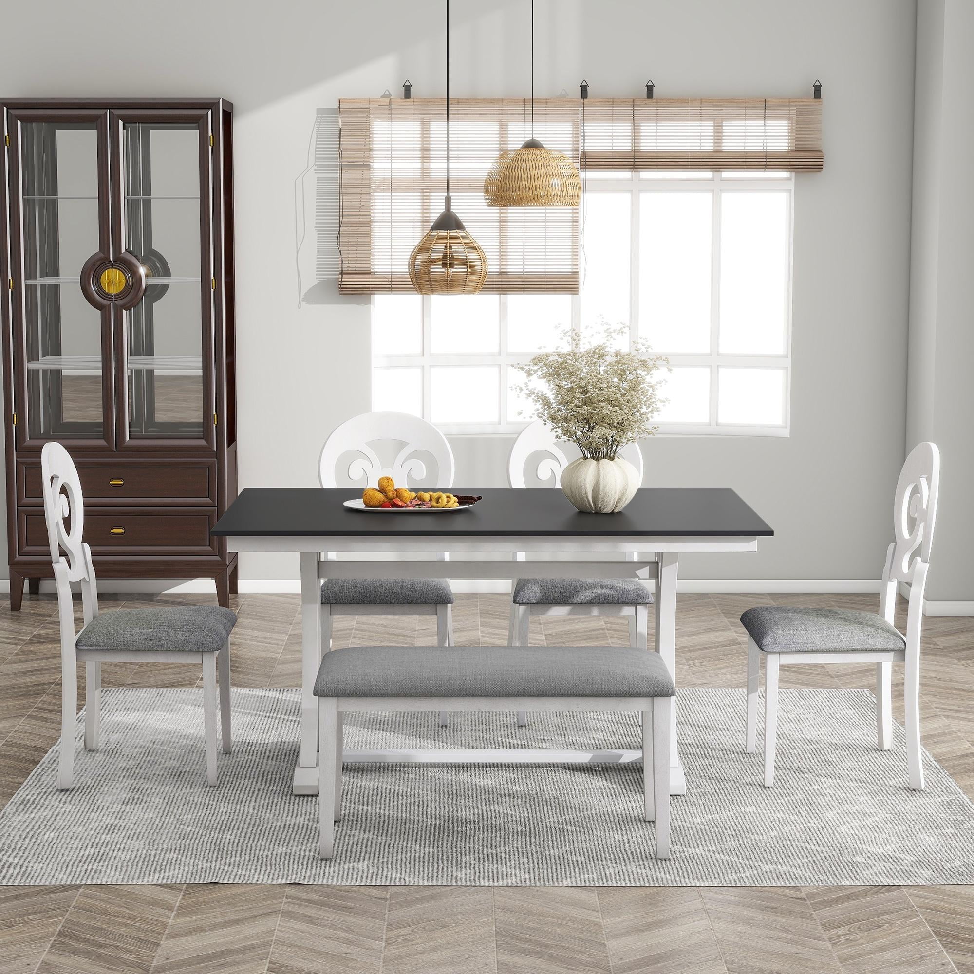 FURNINEST Dining Table Set for 6, Dining Room Set with Bench and Gray ...