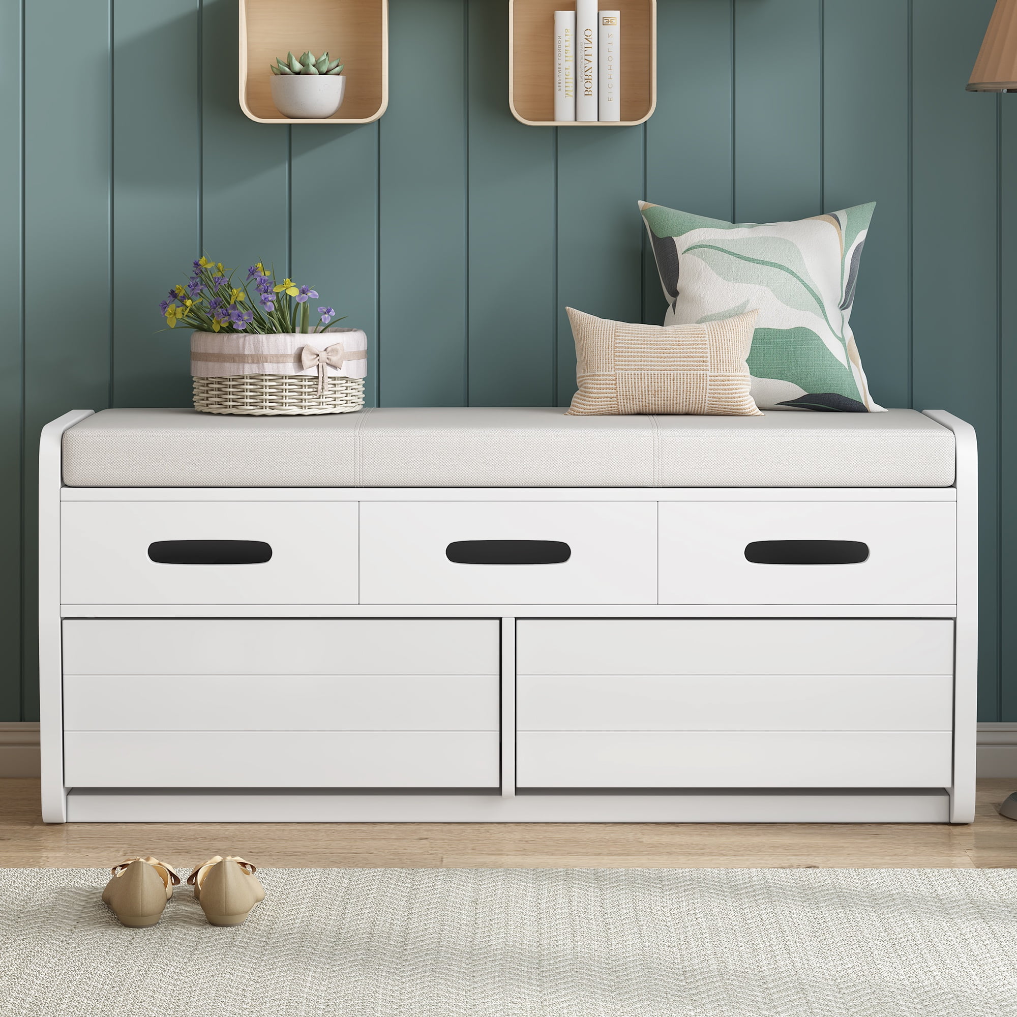 FURNINEST Storage Bench with 2 Drawers, Rustic Shoe Bench, Wood Storage ...