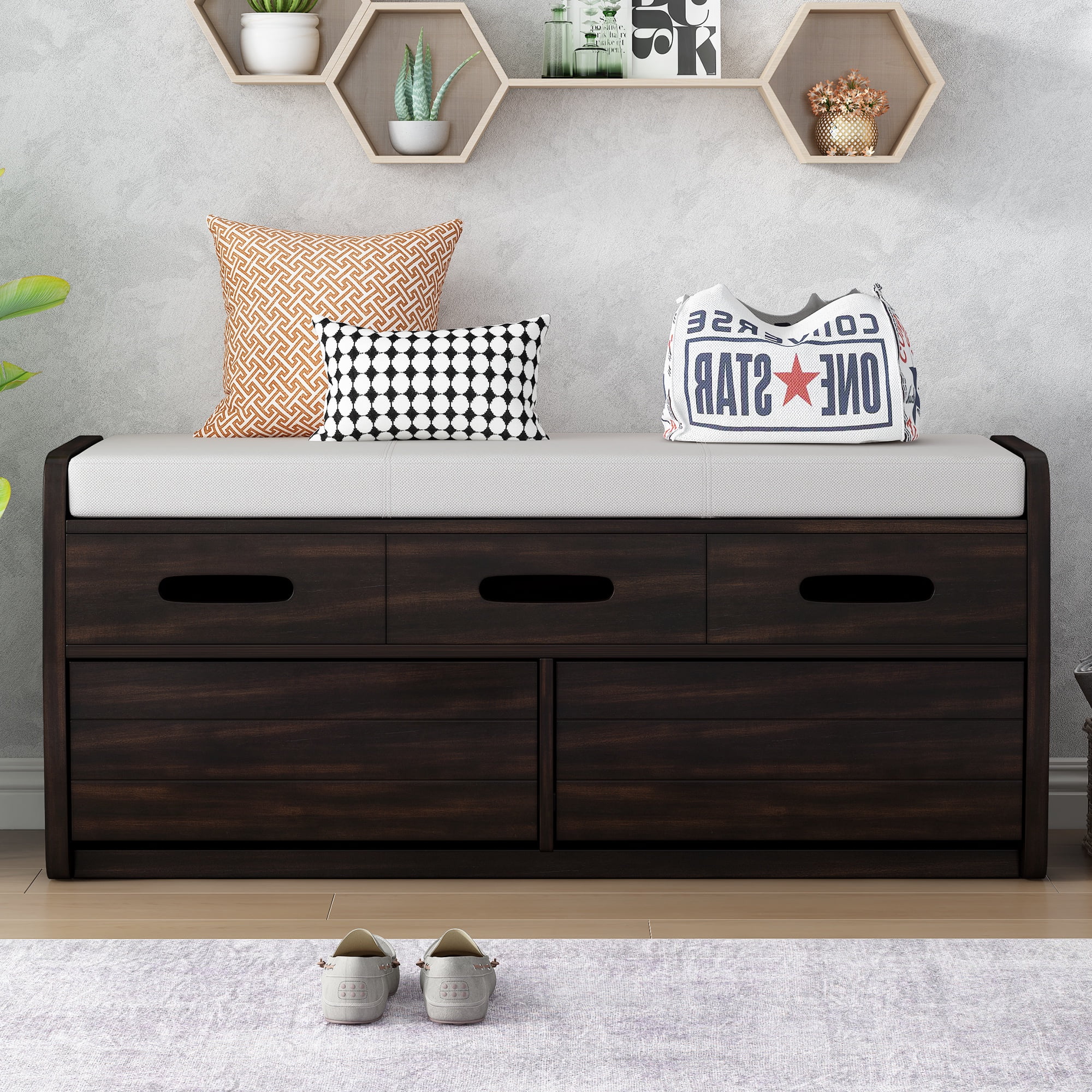 FURNINEST Storage Bench with 2 Drawers, Rustic Shoe Bench, Wood Storage ...