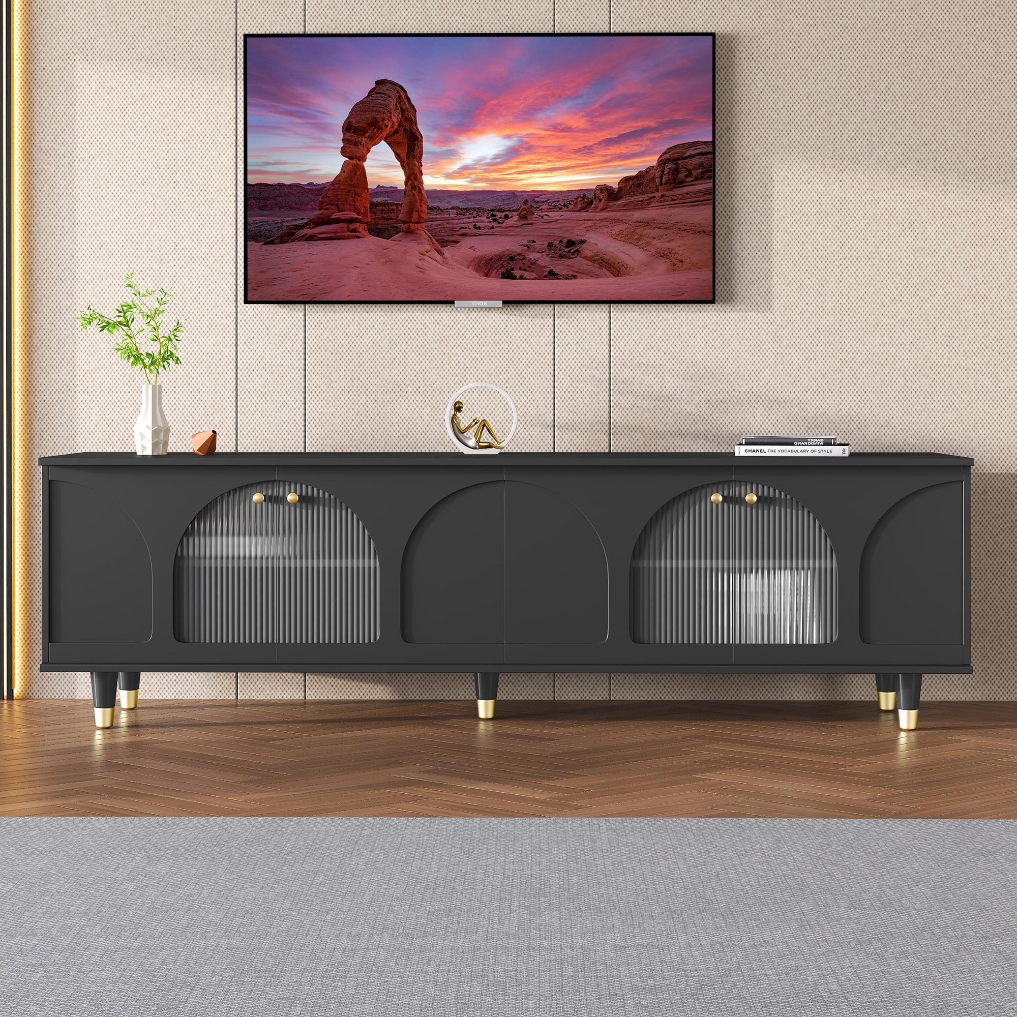 FURNINEST TV Stand for 78" TVs, TV Cabinet with 4 Arch Fluted Glass ...