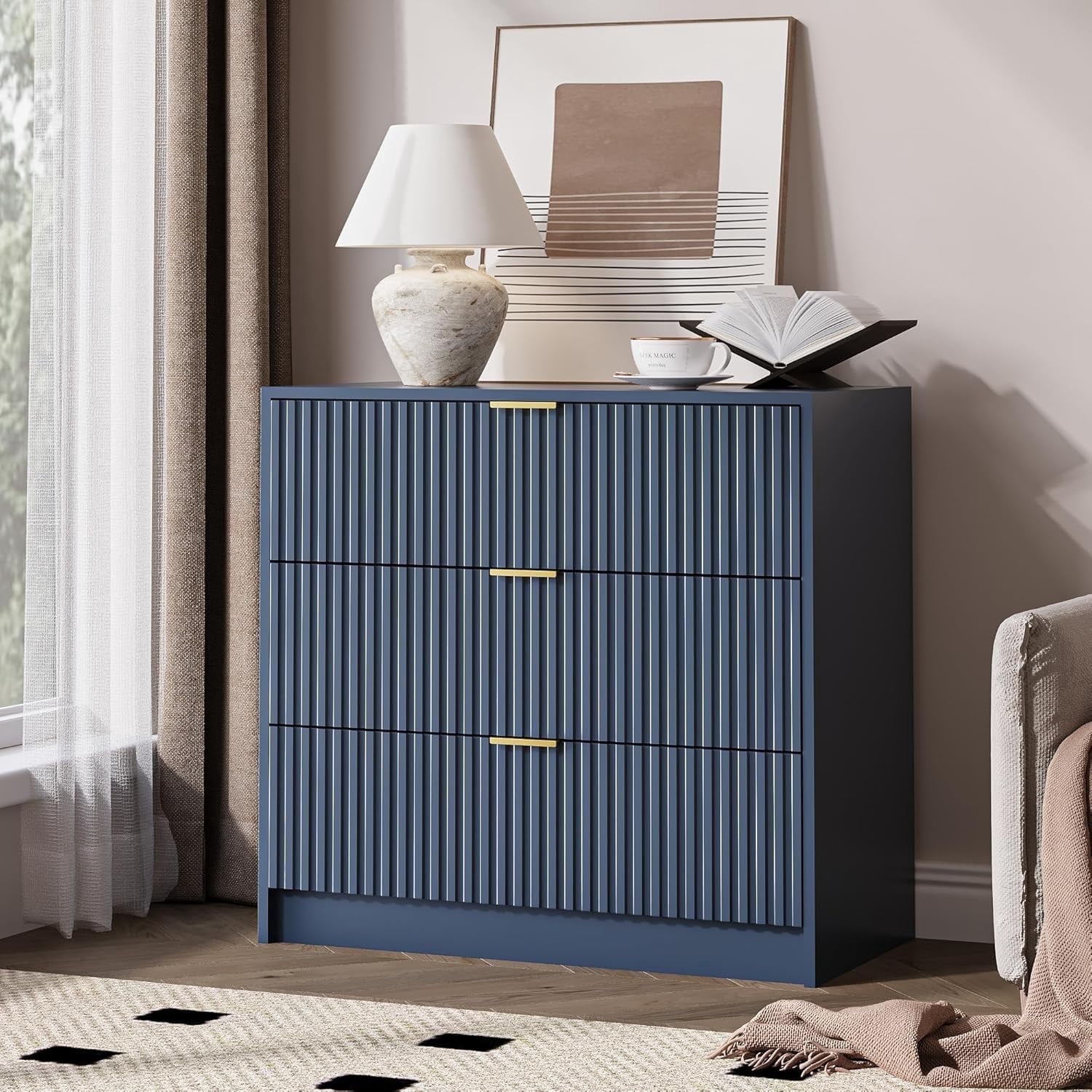 FURNIWAY 3 Drawer Fluted Dresser, 32 Inch Wide Nightstand with Large ...