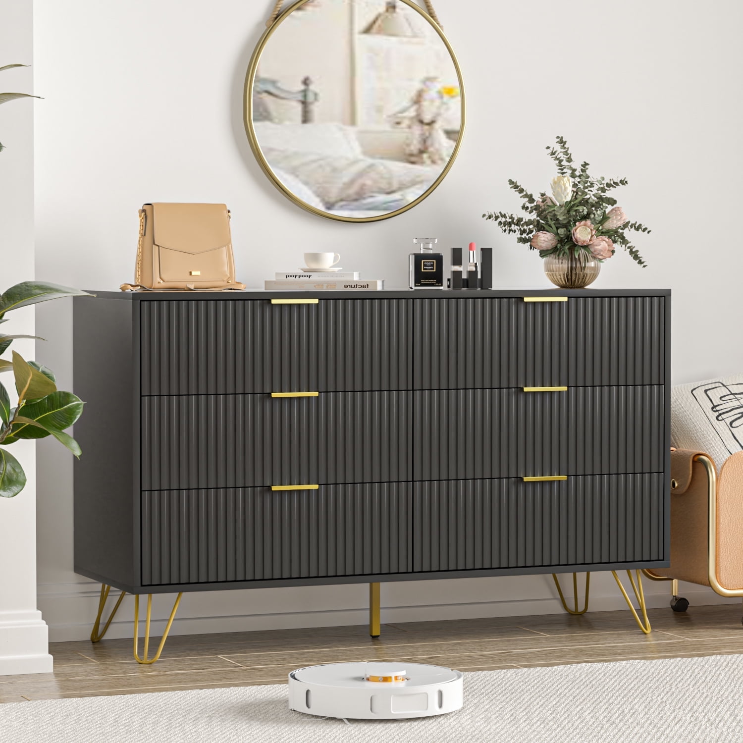 FURNIWAY Black Dresser, Modern 6-Drawer Dresser for Bedroom with Gold ...