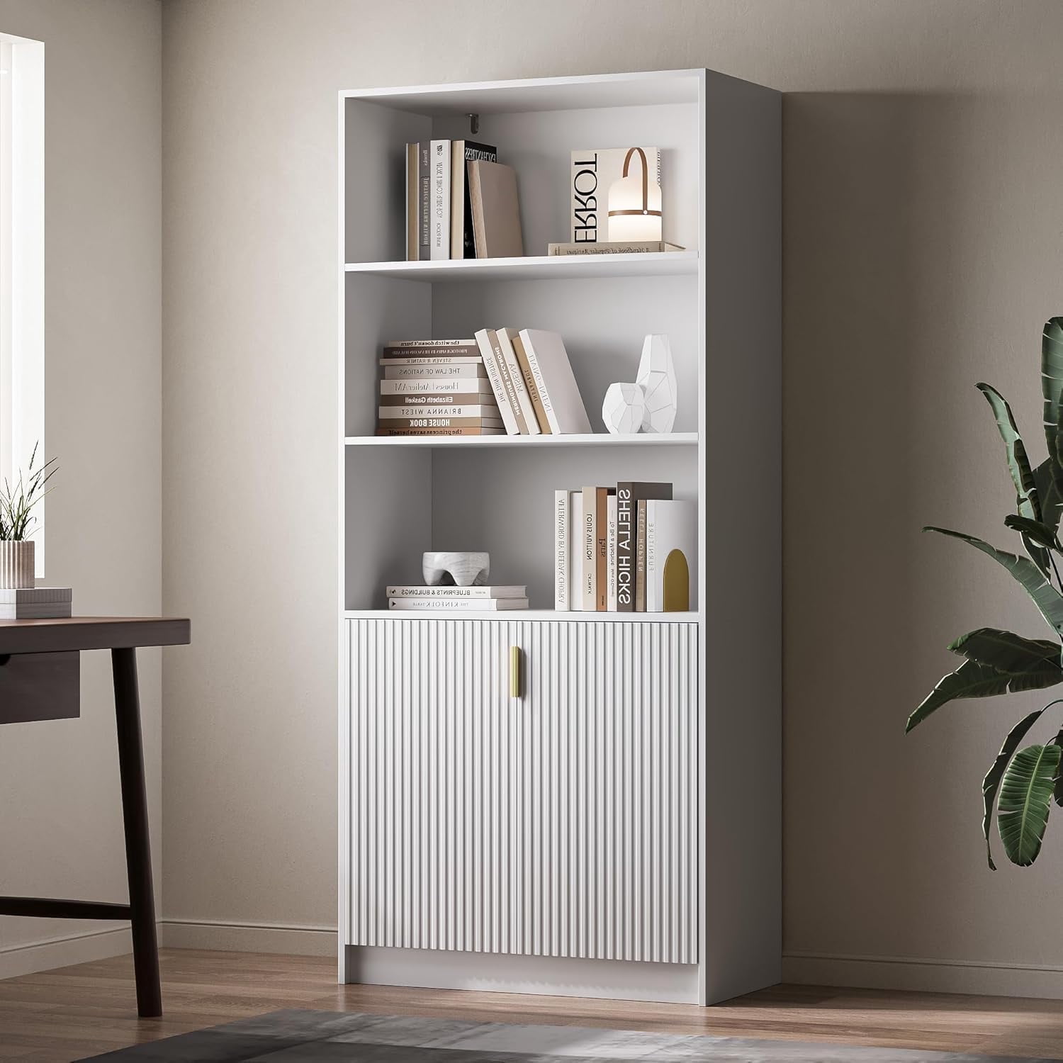 FURNIWAY White 70.8" Modern Bookcase, Fluted Door Cabinet with 3-Tier ...