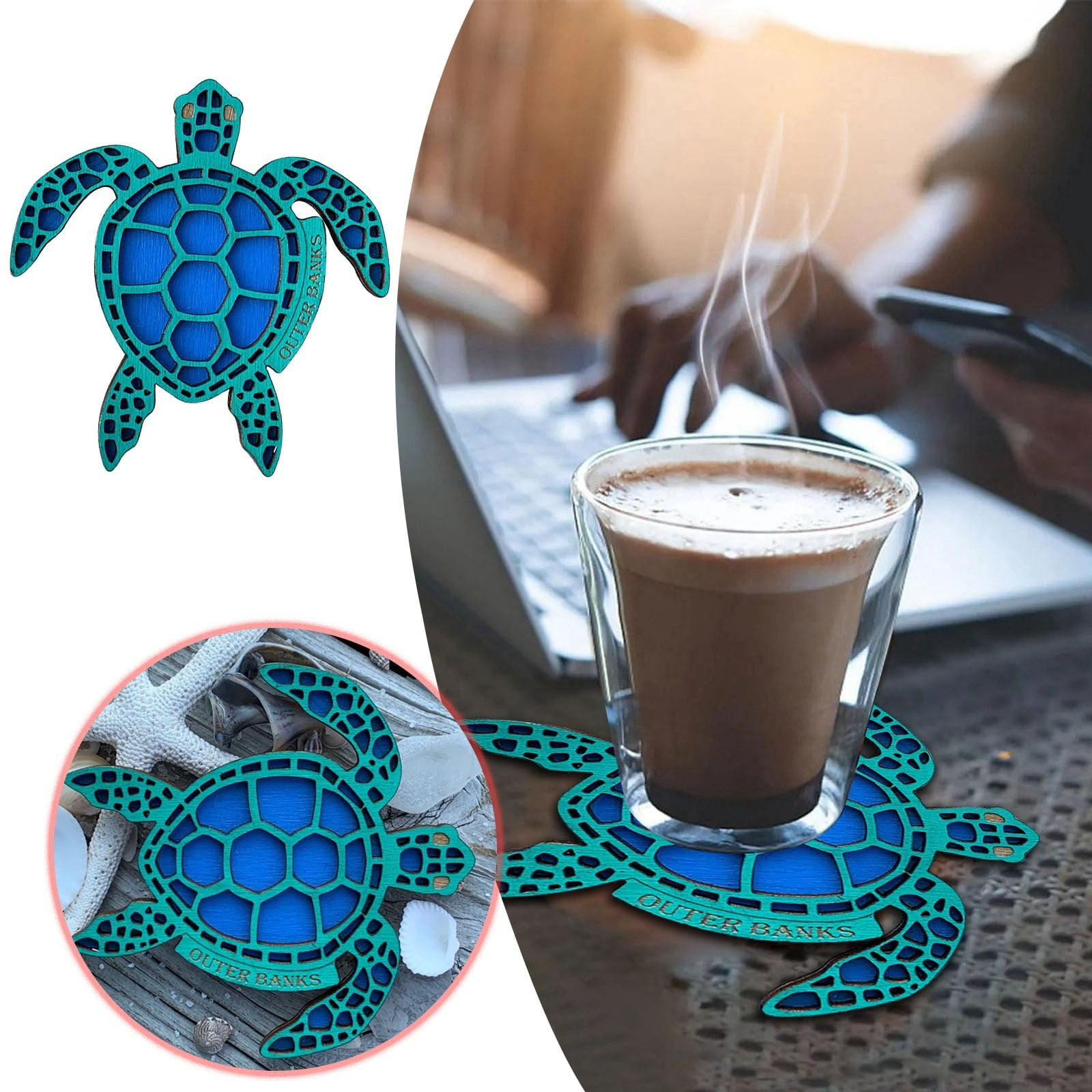 FURNIX Sea Turtle Coaster, Wooden Coasters 1pc Jungle Plant Eco ...