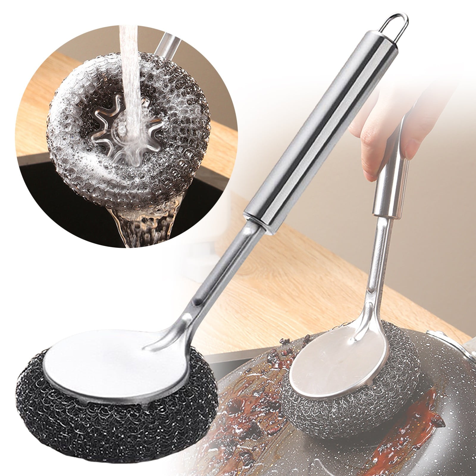 FURNIX Stainless Wool Scrubber,Long-Handle Heavy-Duty Kitchen Cleaner ...