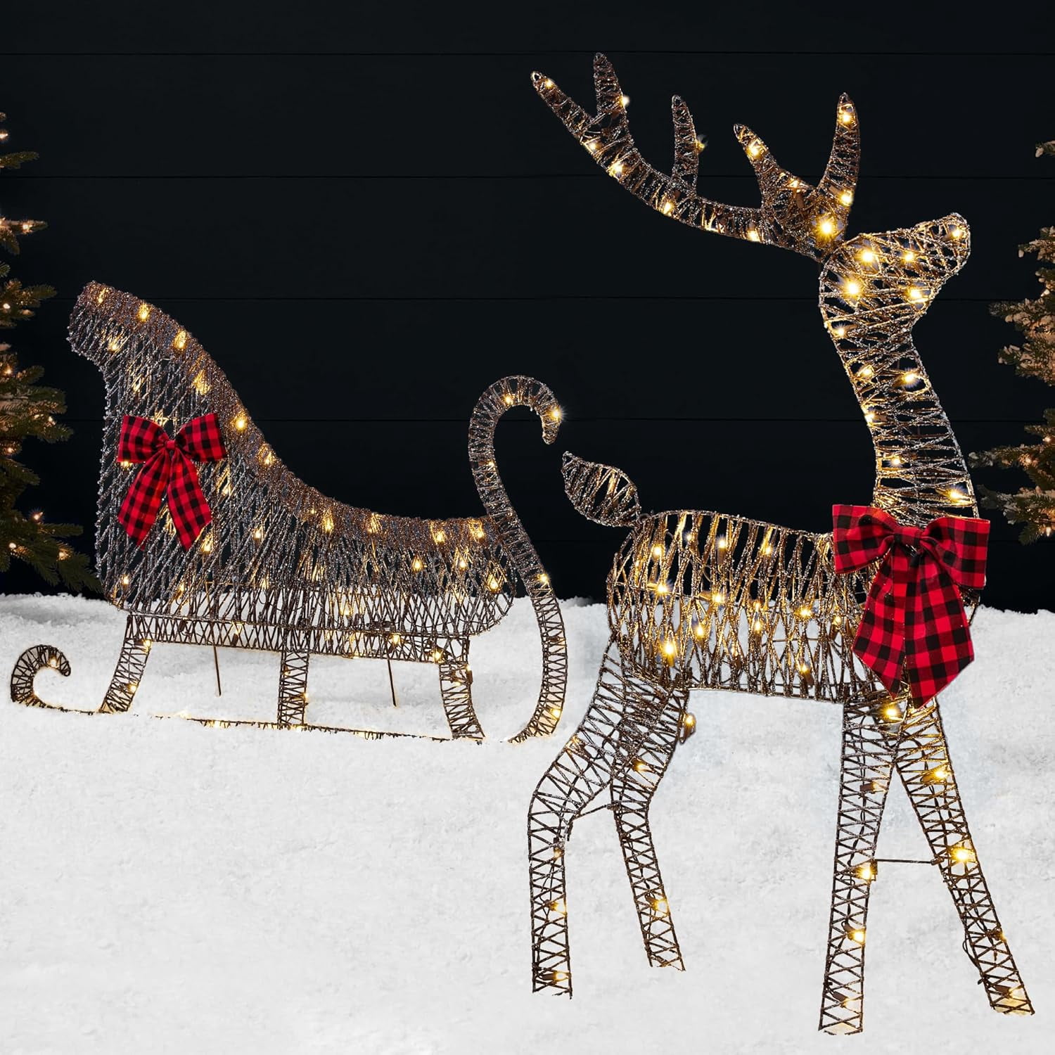 FURNO 4ft Lighted 2D Reindeer & Sleigh Set, Christmas Holiday Deer ...