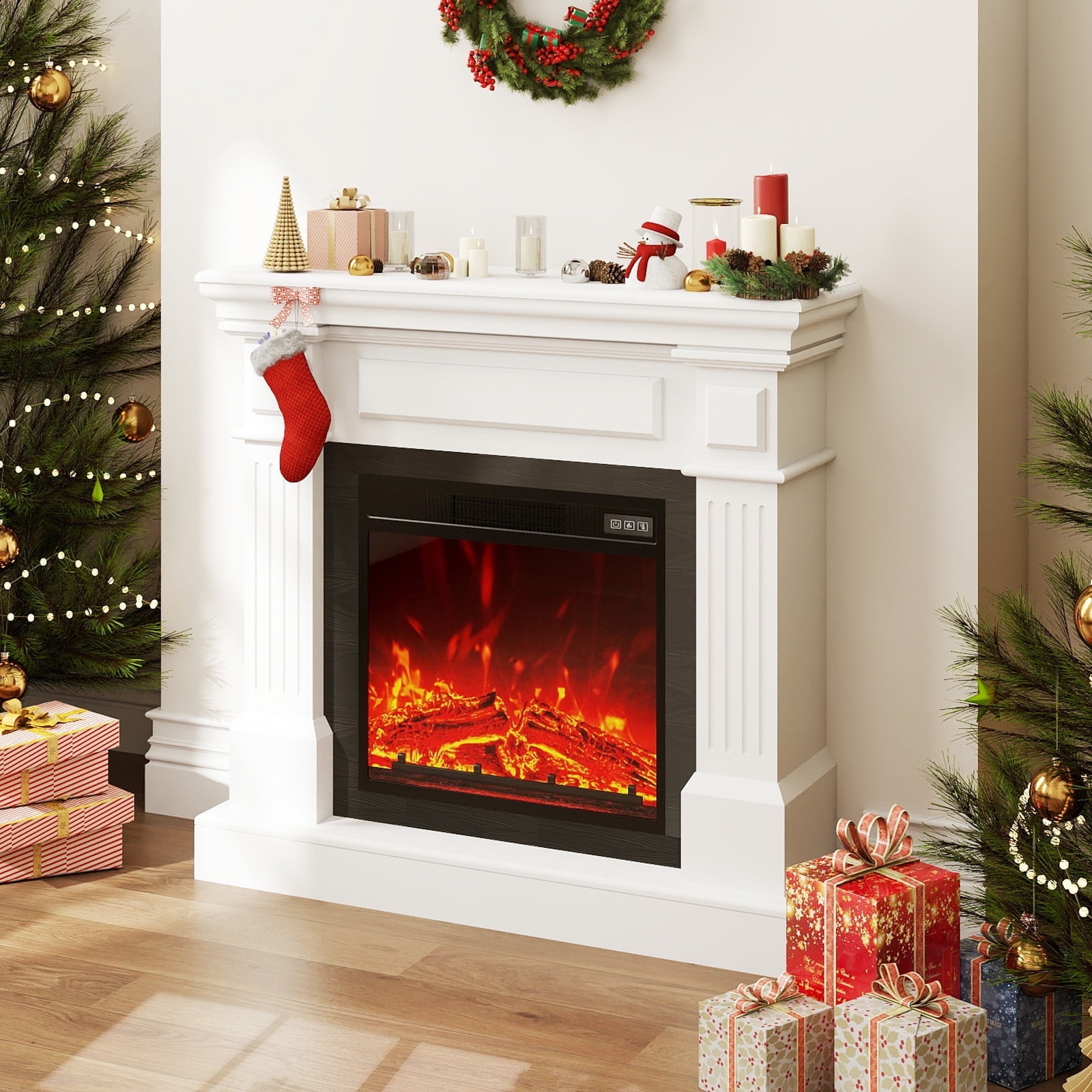 FURRYFECTION 35" Electric Fireplace with Mantel, Freestanding Fireplace ...