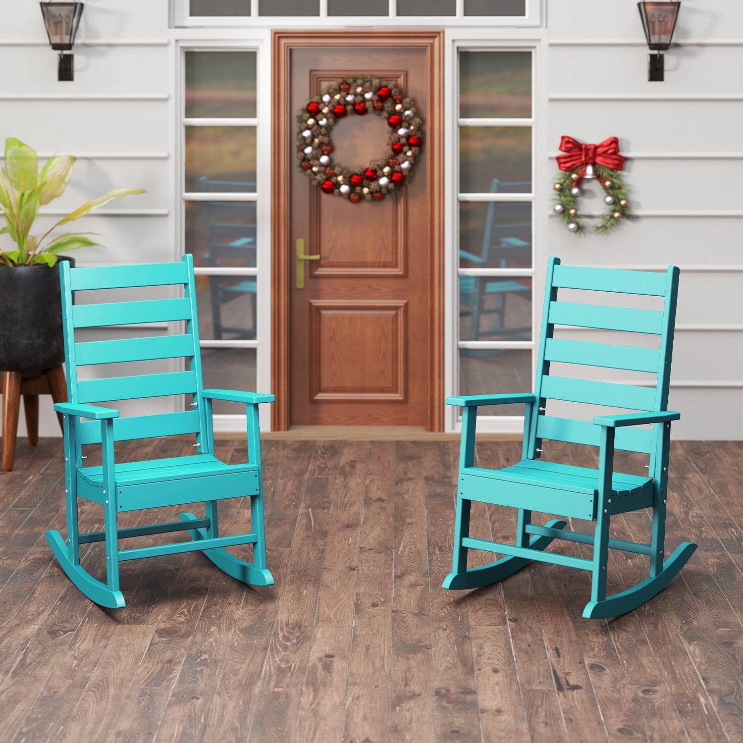 FURRYFECTION Outdoor Rocking Chair Set of 2 with High Ladder Back,HDPE ...