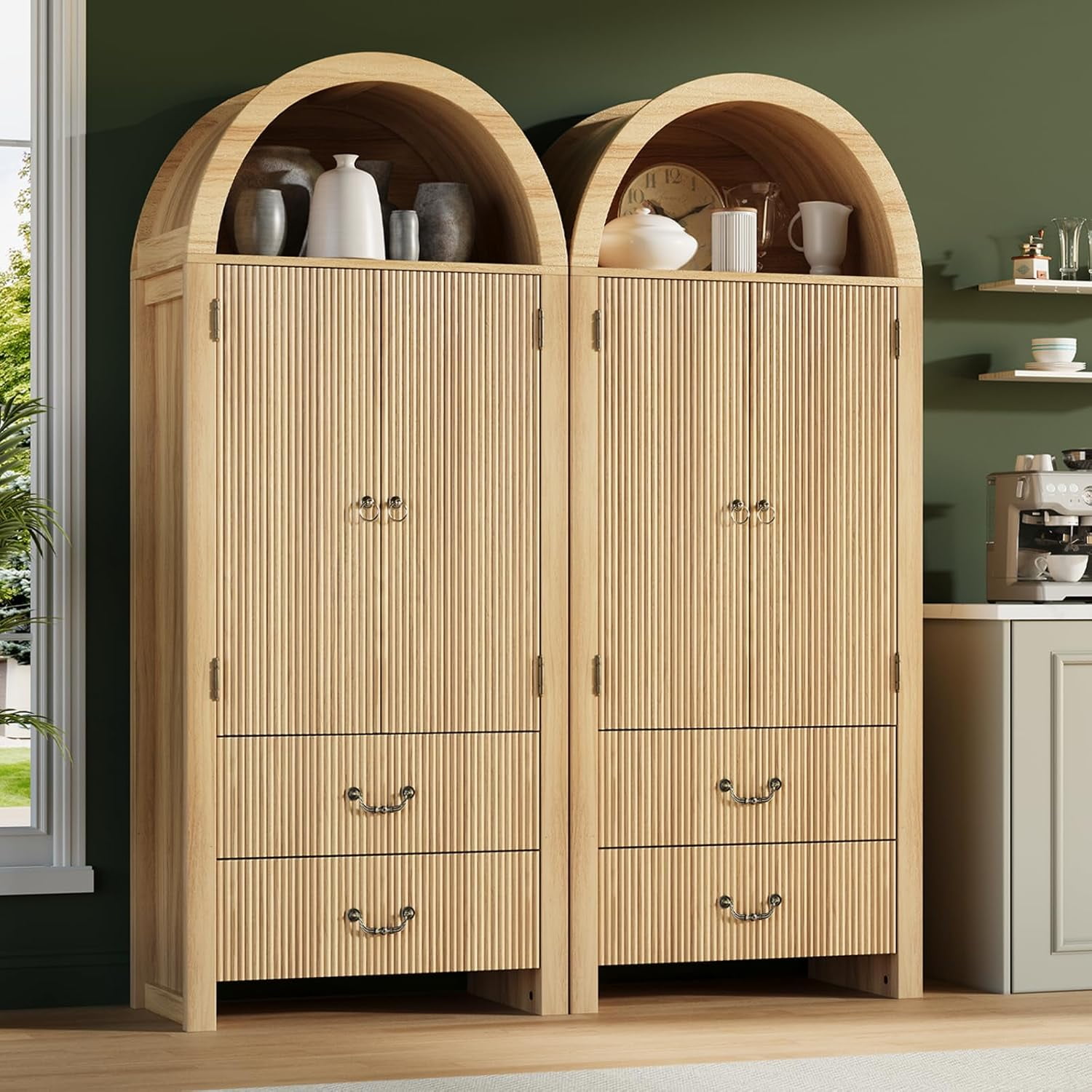 FURSUN 71" Tall Fluted Arched Cabinet Set of 2, Wood Pantry Storage ...
