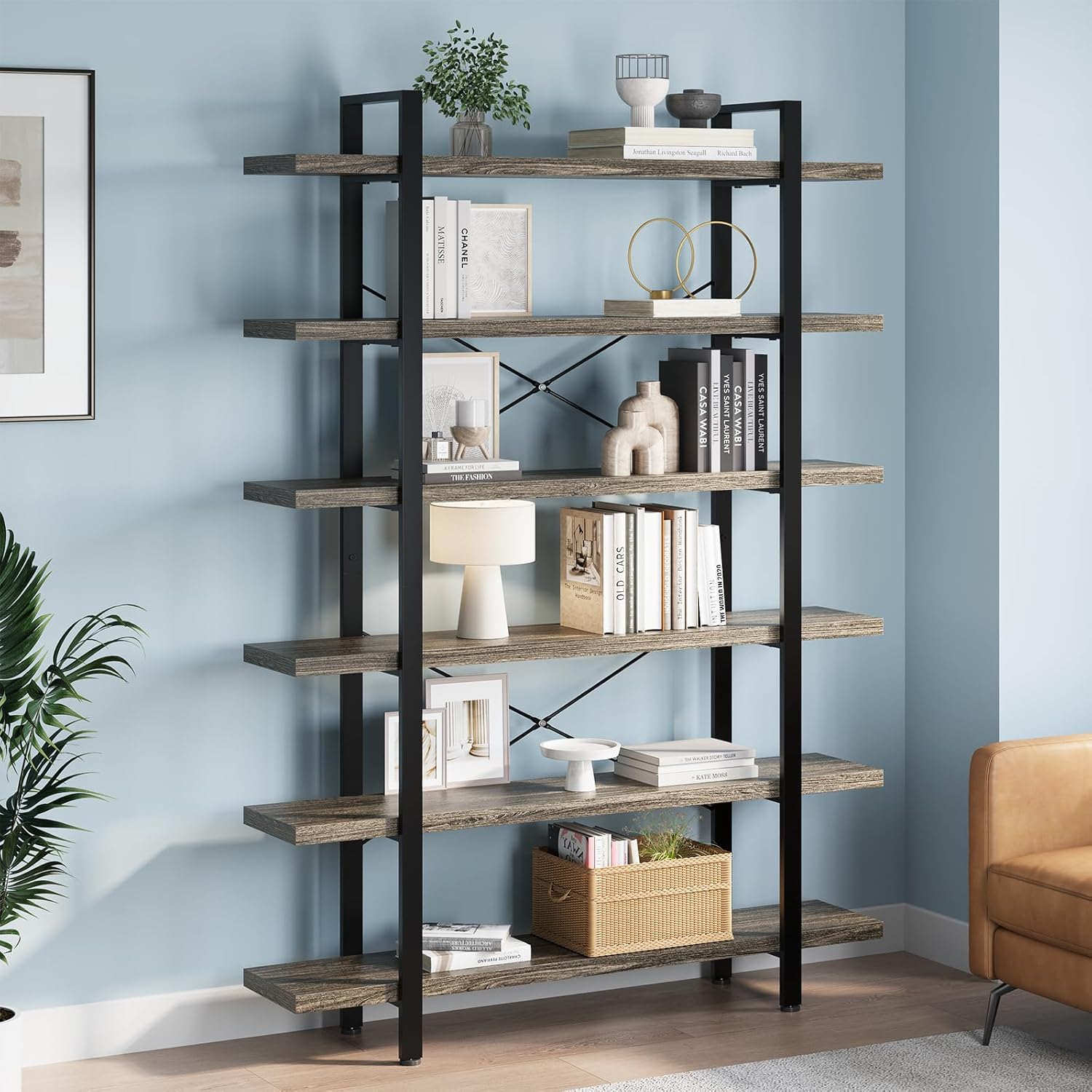 FURSUN Heavy Duty 6 Tier Bookcase, 80-in Tall Industrial Modern Large ...