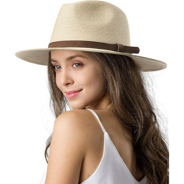 FURTALK Womens Mens Wide Brim Straw Panama Hat Fedora Summer Beach Sun ...