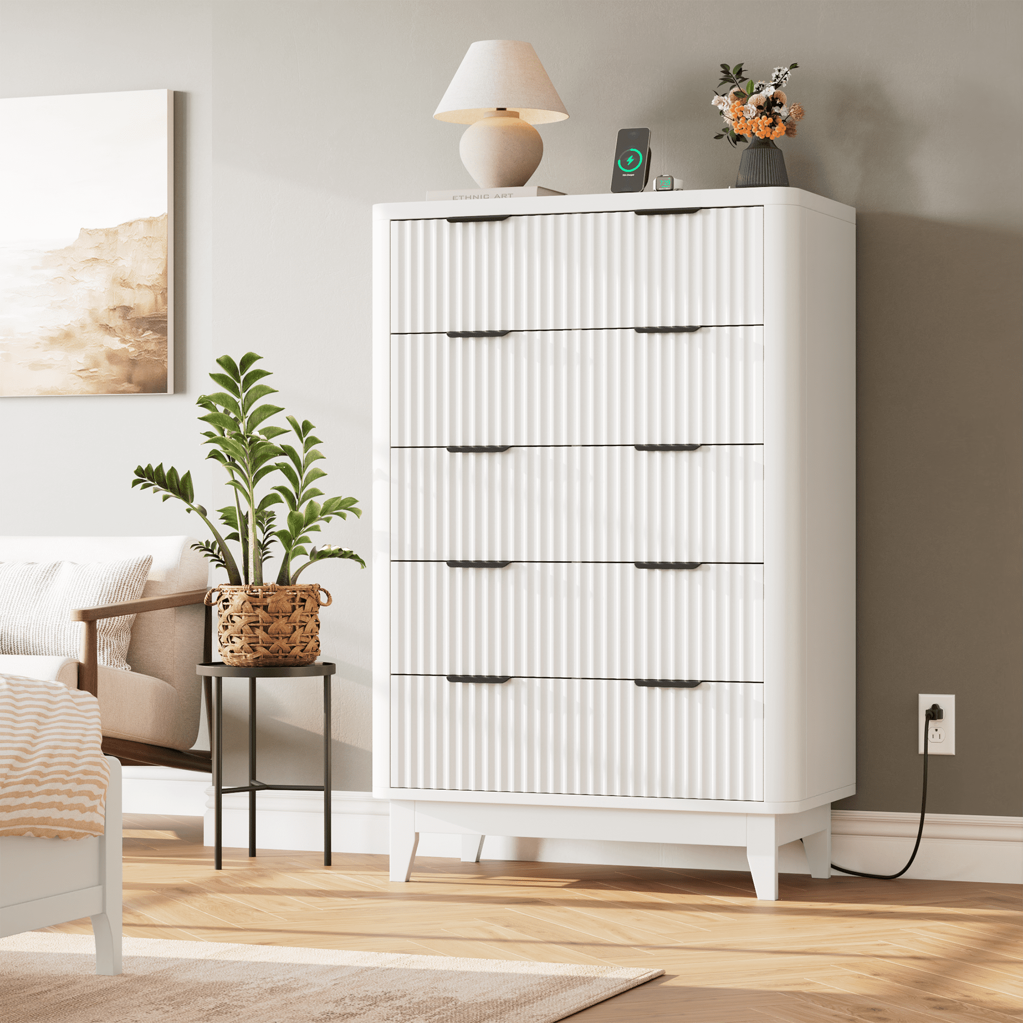 FURUISITE 5 Drawer Dresser with Power Outlet TV Stand Wood Drawer Chest ...