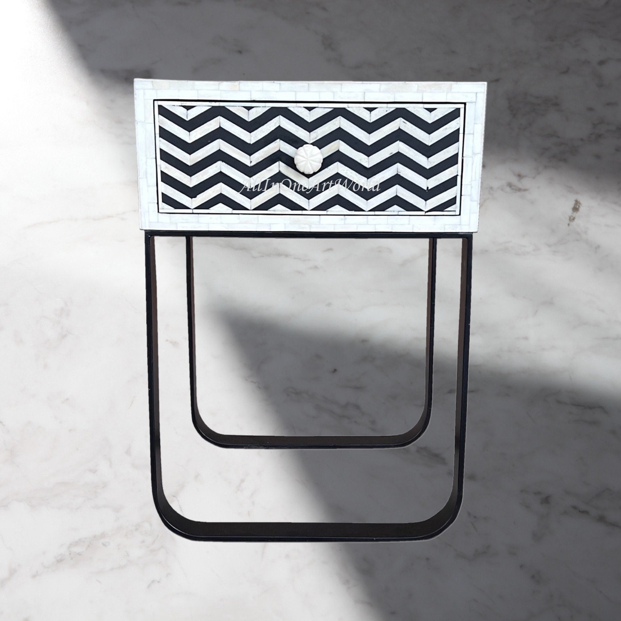 FUSION Chevron Bedside Table Black, Chevron Bone inlay nightstand black ...