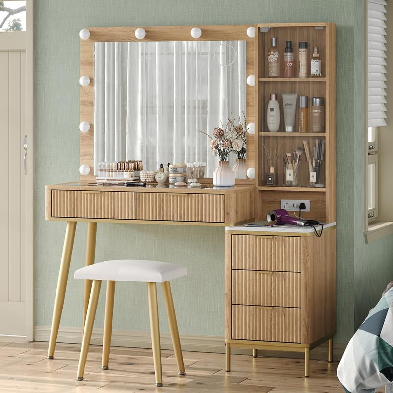 FUSOU 47“W Fluted Vanity Desk with Mirror and Lights, 5 Drawers Makeup ...