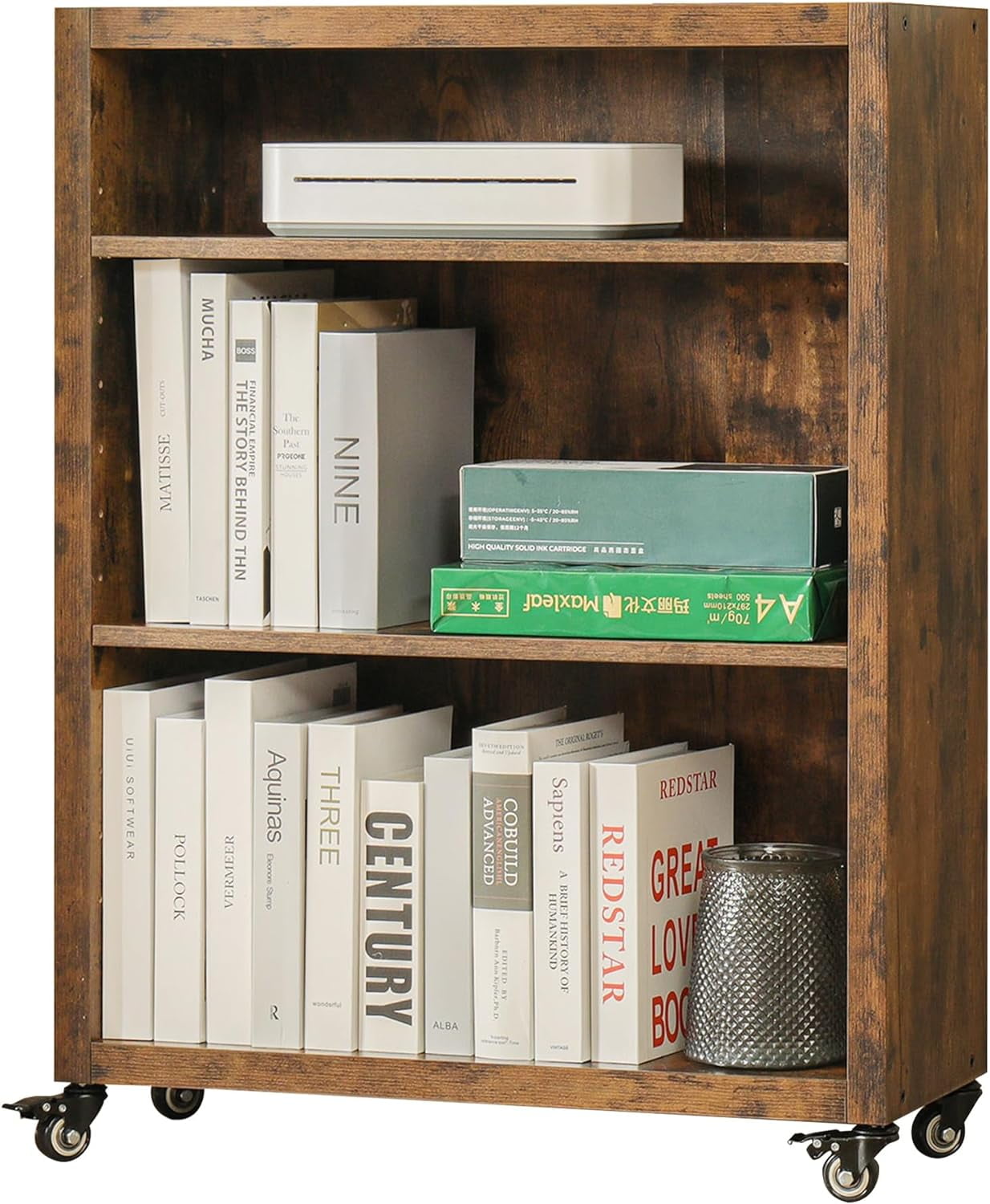 FUSUNBAO 3-Tier Bookshelf with Wheels Book Storage Organizer Bookcase ...