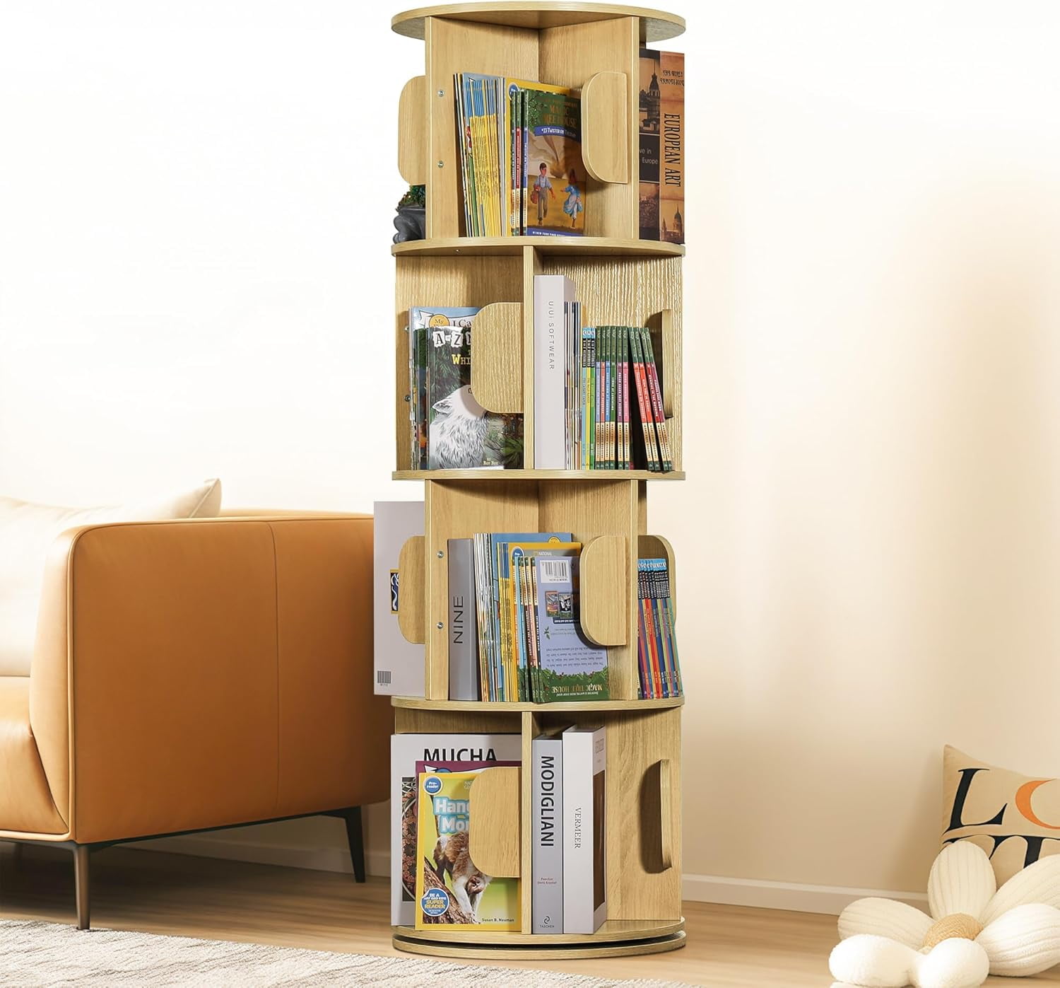FUSUNBAO 360 Rotating Bookshelf for Kids - 4-Tier Space-Saving Book ...