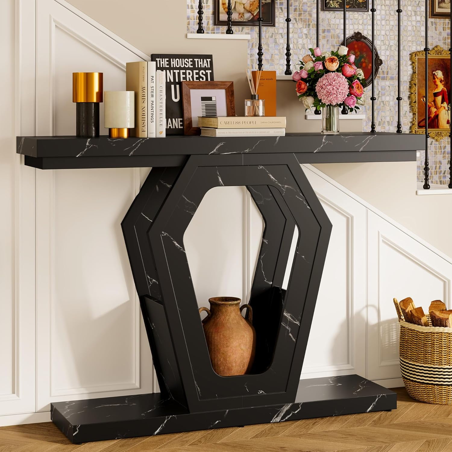 FUSUNBAO 47.3" Console Table,Openwork Bracket Sofa Table, Wood Narrow ...