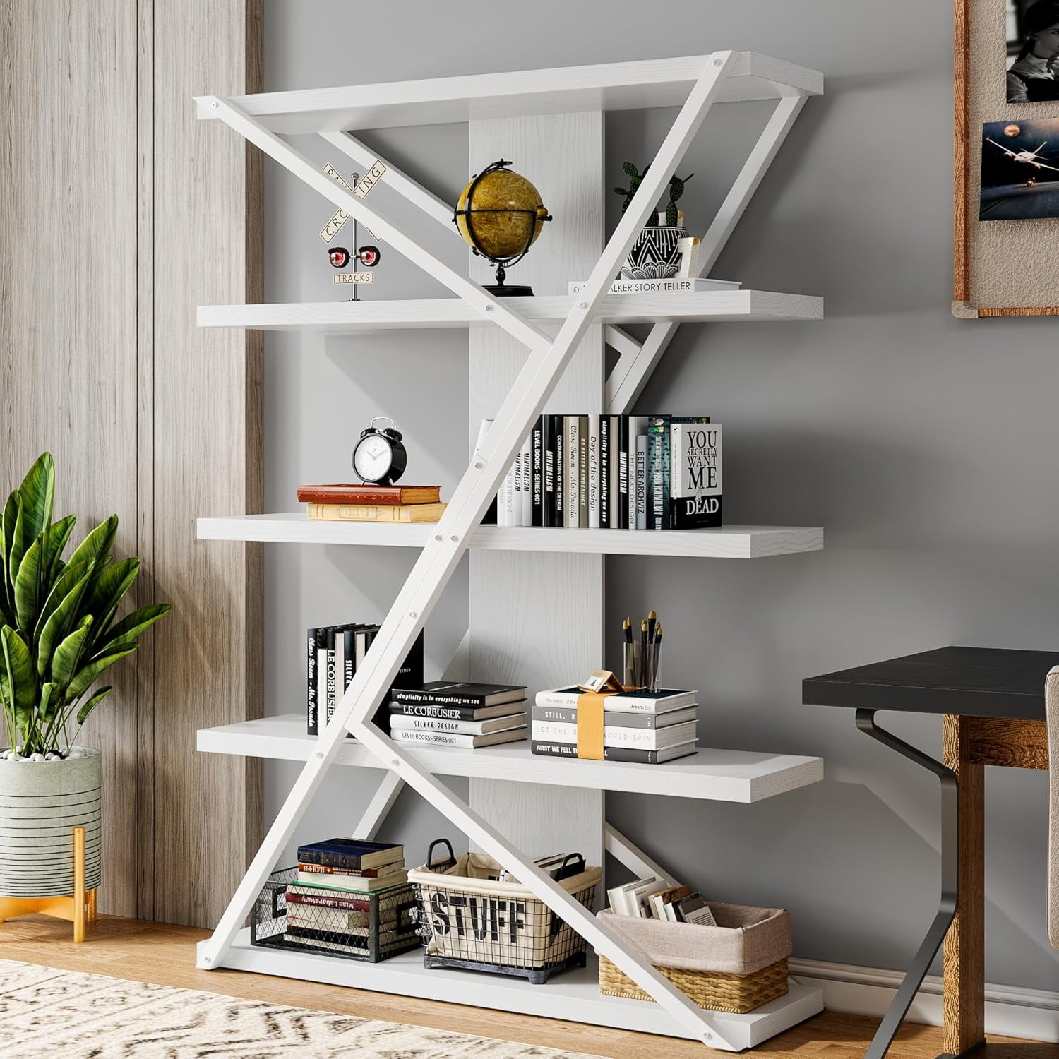 FUSUNBAO 5-Tier Wooden and Metal Frame Bookshelf,Vintage Industrial ...