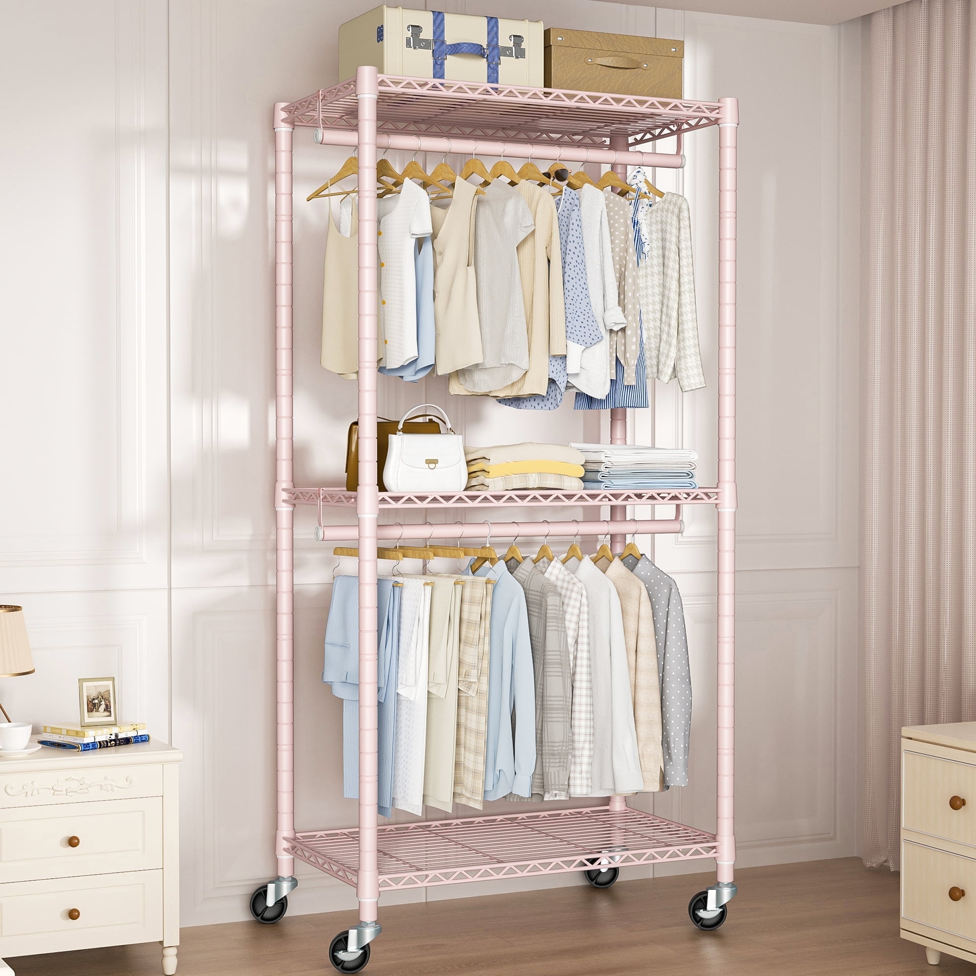 FUTASSI P1 Pink Girls' Medium Garment Rack, Heavy-Duty Rolling Closet ...