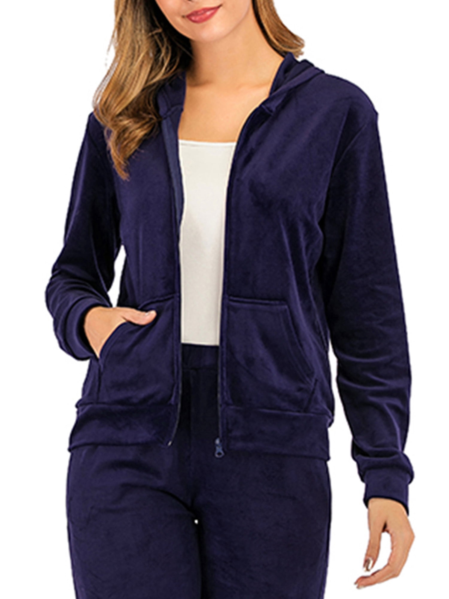 FUTATA Women's Velour Sports Jacket Hooded Activewear Long Sleeve Track ...
