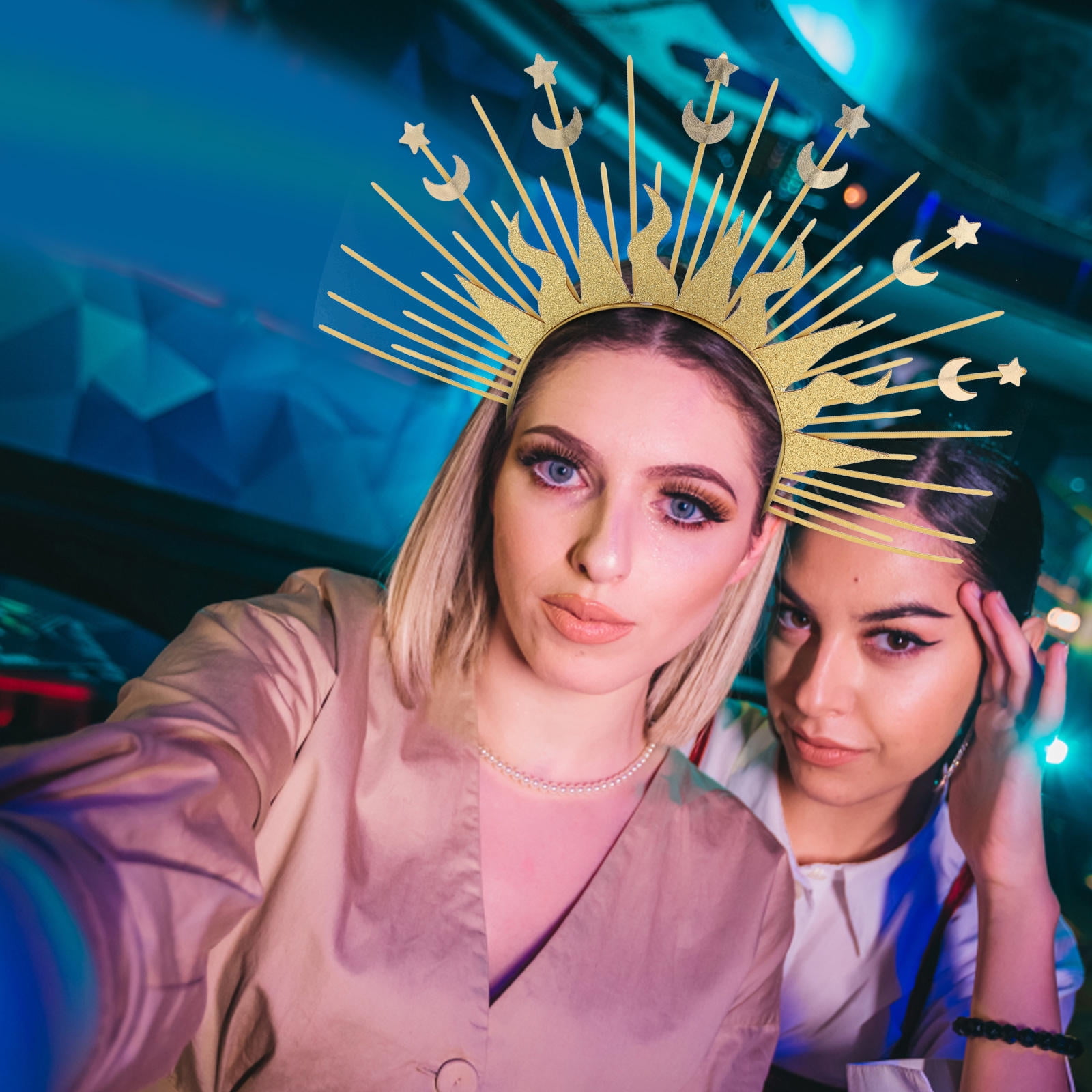 FUTUREORYY 1Pack Celestial Sun Goddess Crown Headband Golden Plastic for Themed Events and Role ...