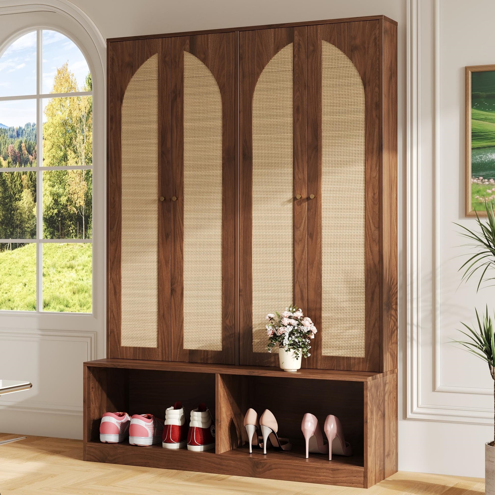 FUVellamo Rattan Hall Tree with Bench , Farmhouse Coat Rack with Shoe ...