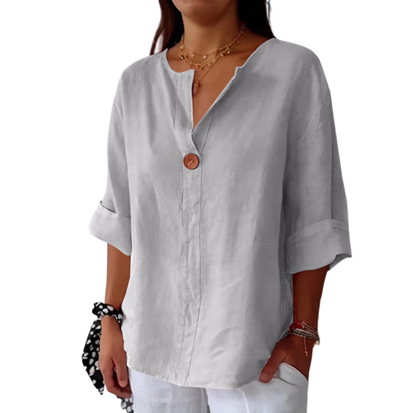 FUXQXII Linen Shirts for Women Casual 3/4 Length Sleeve Loose Fit Top ...
