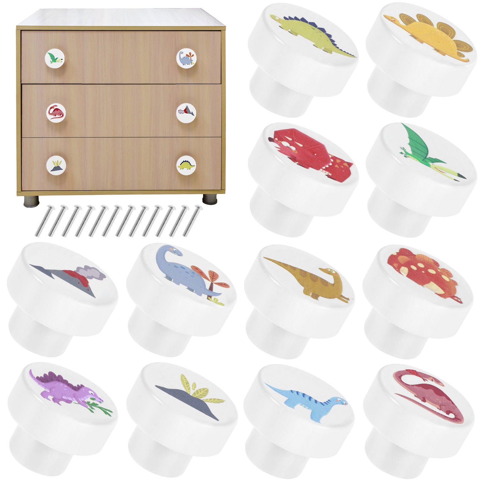 FUYGRCJ 12Pcs White Wooden Drawer Knobs with Screws 35mm Dinosaur ...