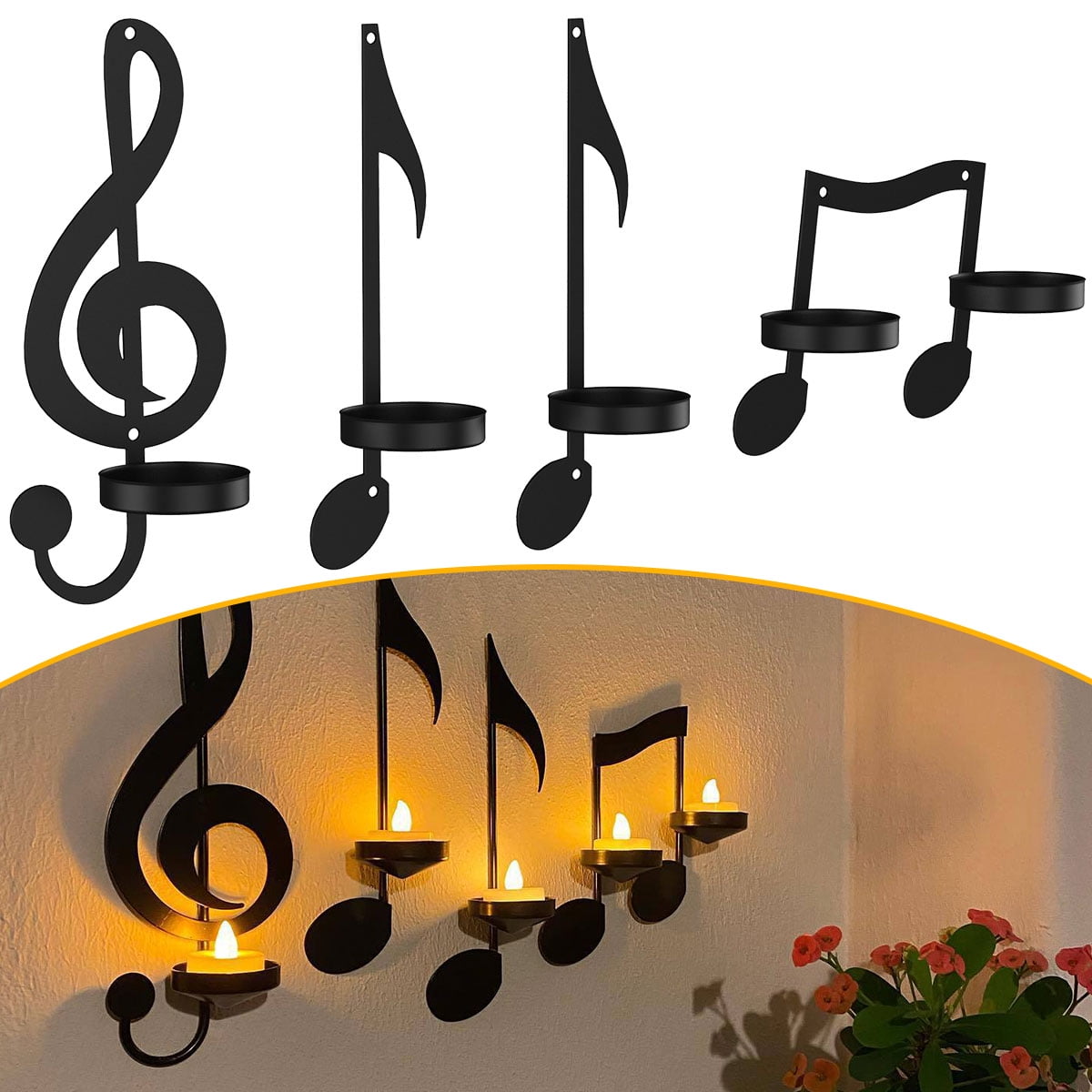 FUYGRCJ 4Pcs Music Note Candle Holder Black Music Note Wall Sconce ...