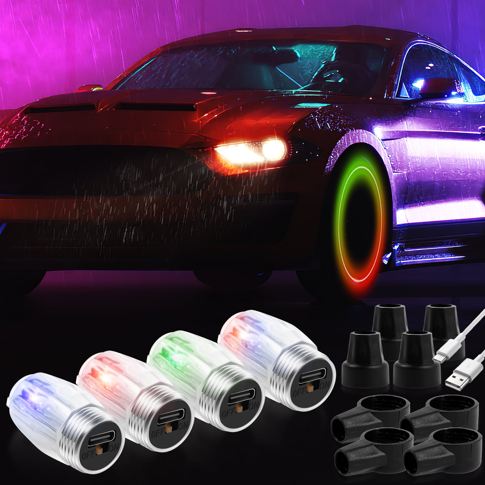 FUYGRCJ 4Pcs Tire Valve Cap Lights Glow in The Dark LED Tire Valve ...