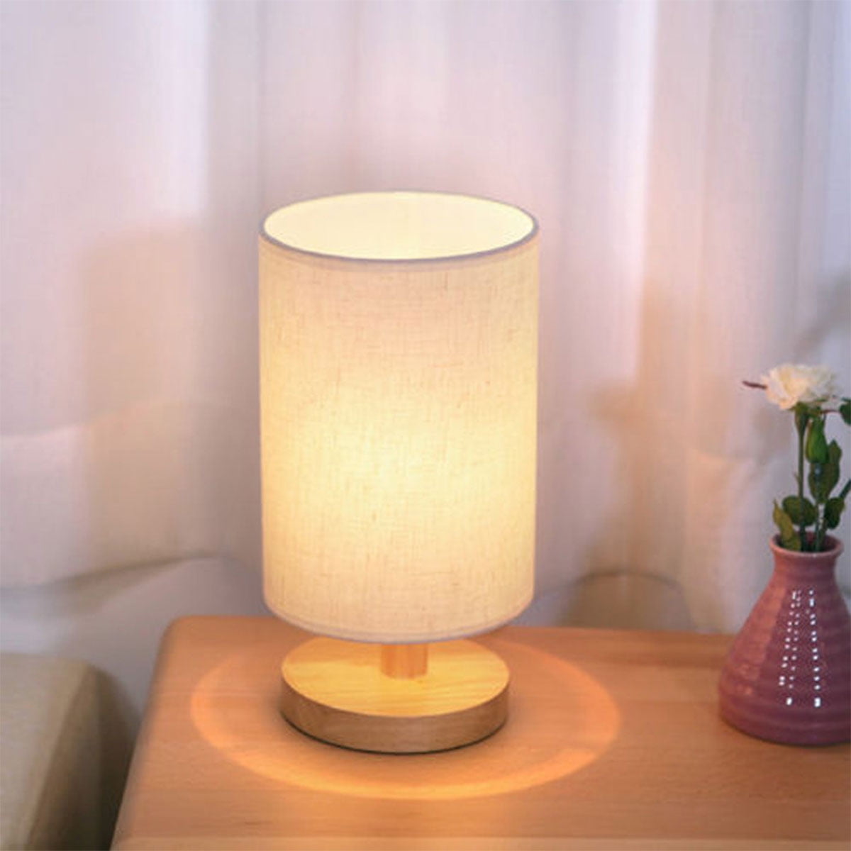 FUYGRCJ Solid Wood Bedside Lamp with Modern Fabric Shade for Bedroom, Living Room, Dorm, Office ...