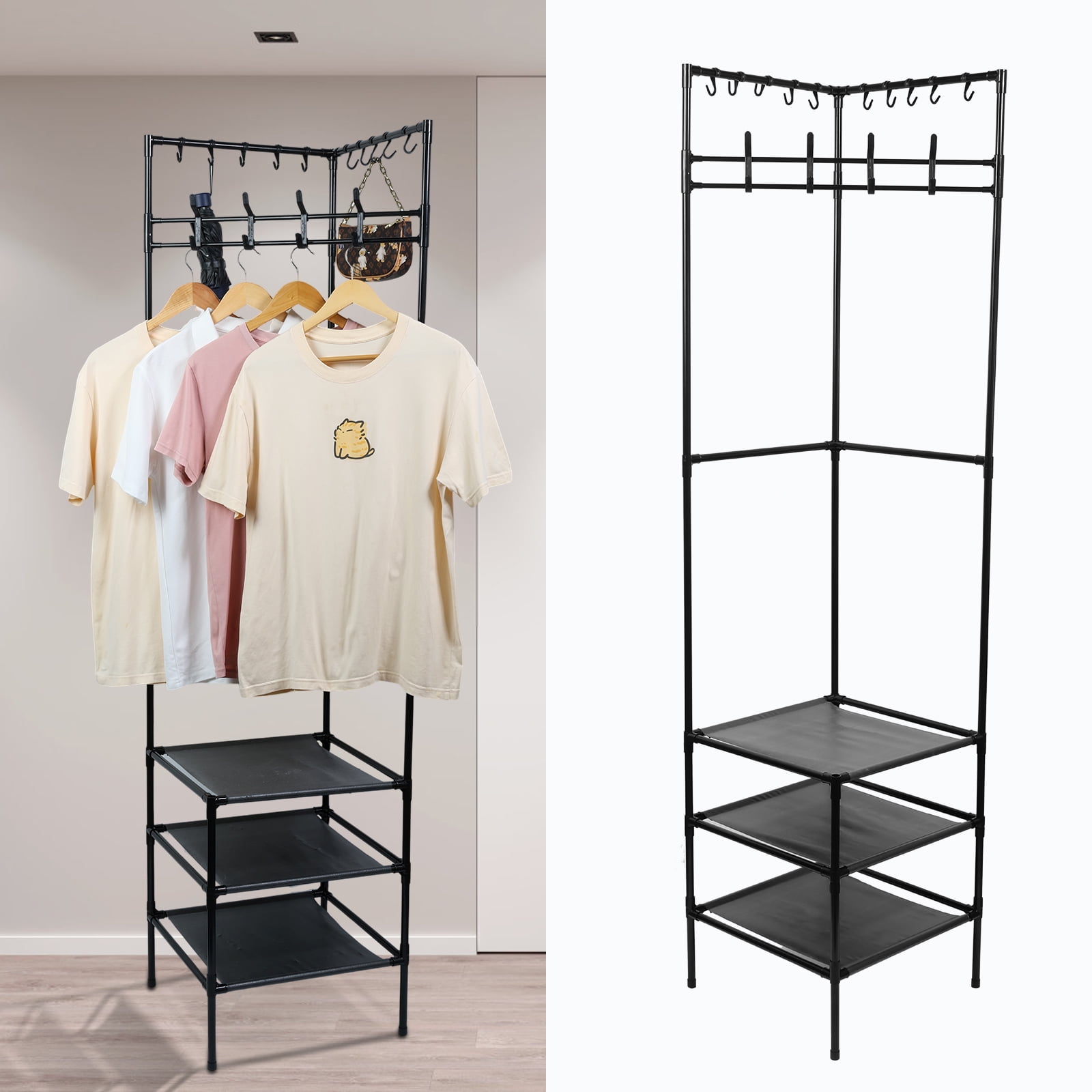 FUYGRCJ Corner Hall Tree Freestanding Coat Rack with 3 Tier Shoes Rack ...