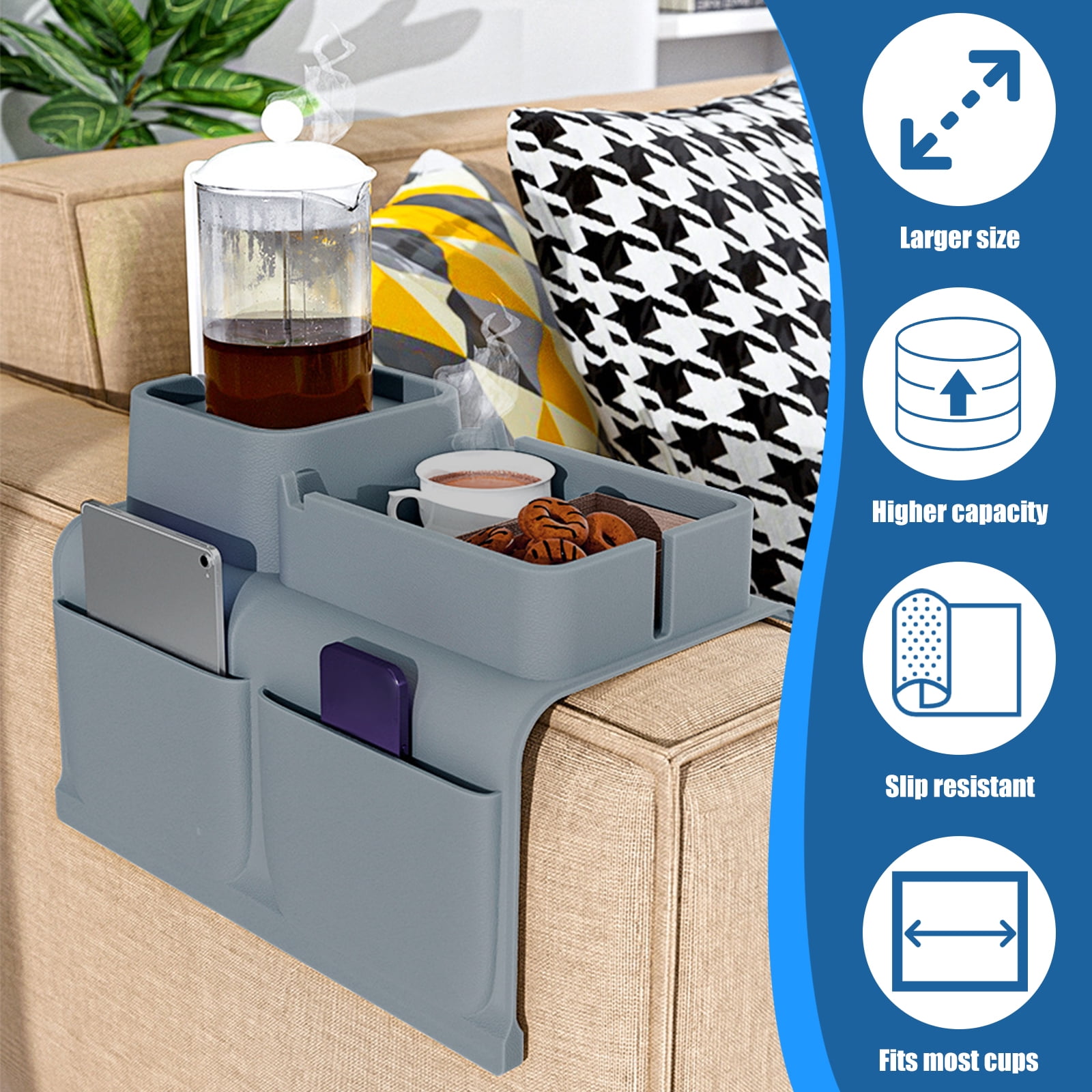 FUYGRCJ Couch Cup Holder Tray Silicone Sofa Armrest Tray with Side ...