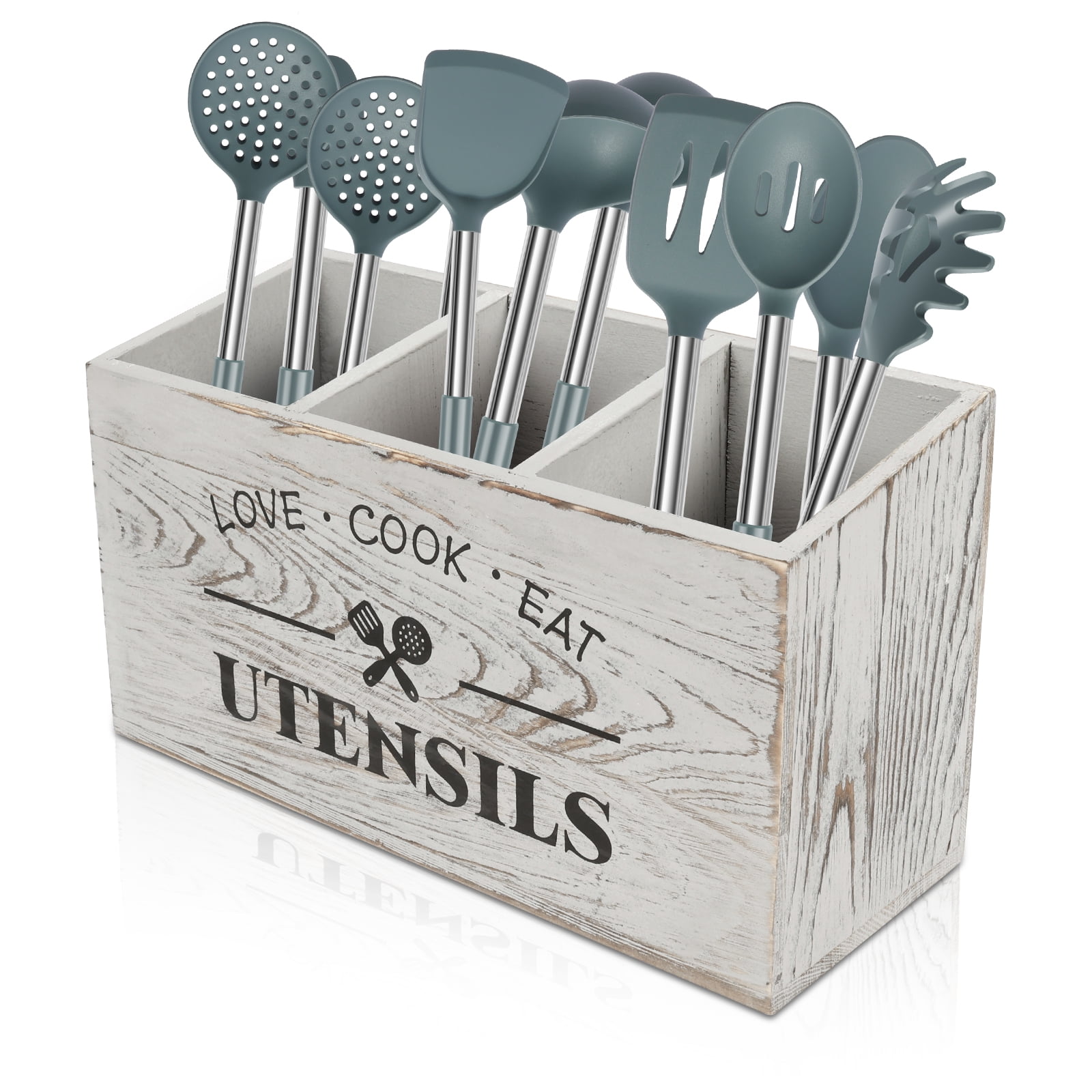 FUYGRCJ Kitchen Utensil Holder with 3 Compartments, Rustic Wood Utensil ...