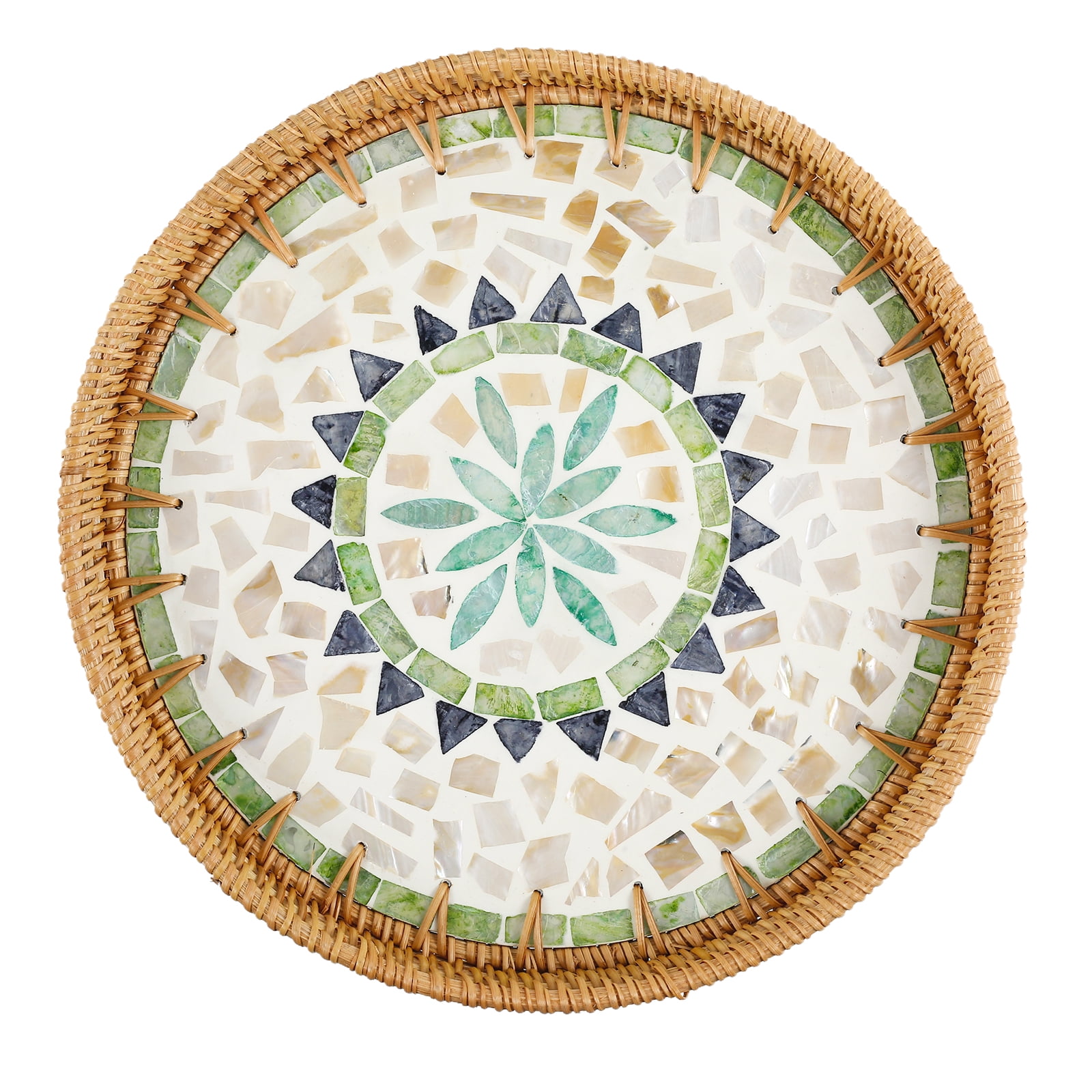 FUYGRCJ Natural Rattan Tray Bohemian Handwoven Round Serving Tray Conch ...