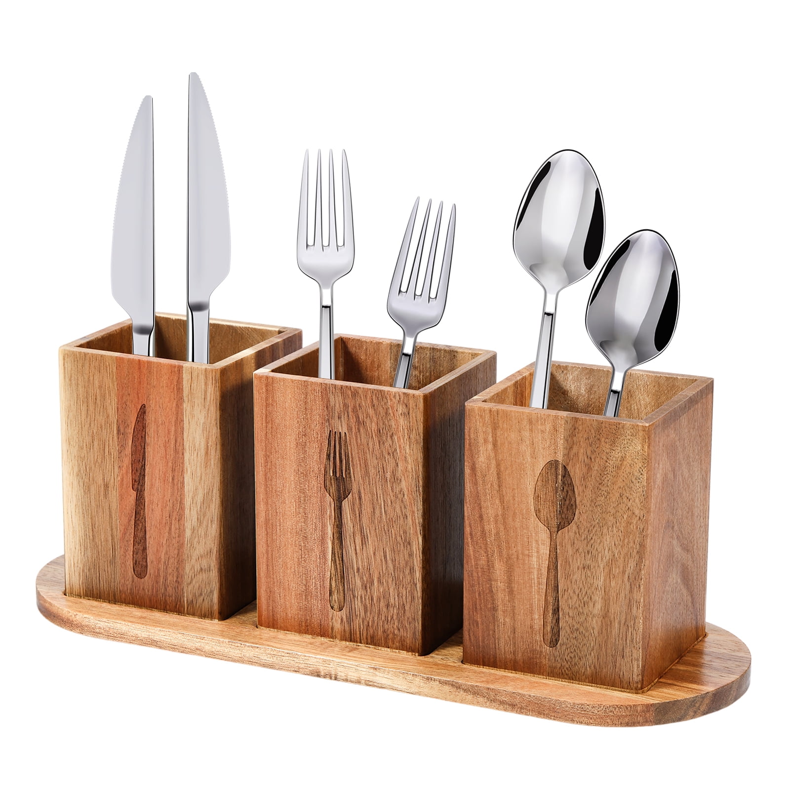 FUYGRCJ Wood Utensil Caddy for Countertop Dismountable Silverware Caddy ...