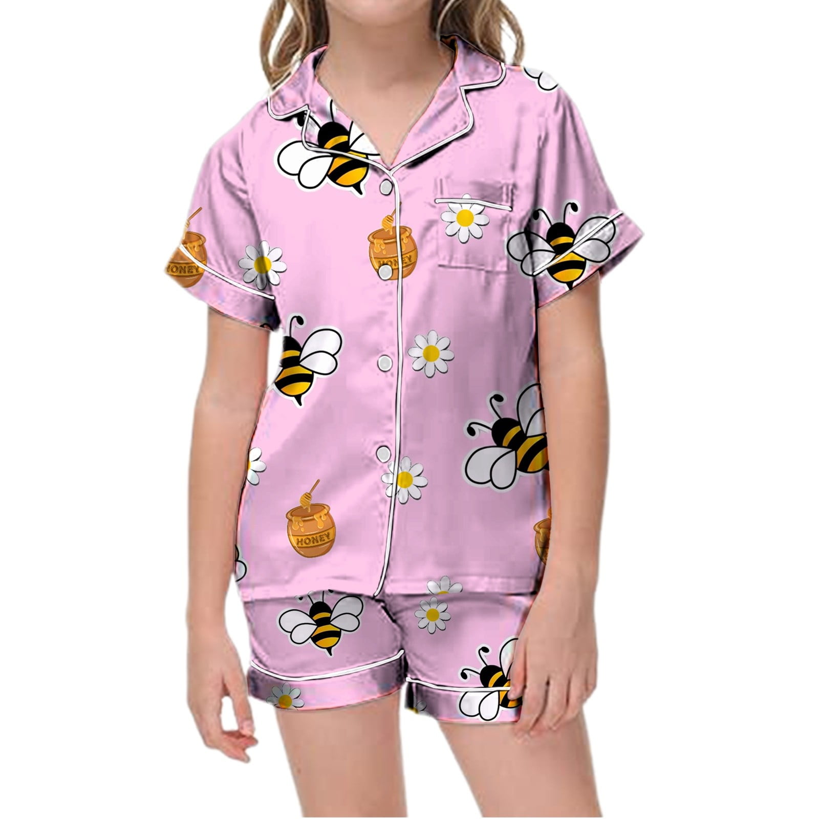 FUZHIQ Button Pajamas for Girls Set Shorts Silk Kids Short Sleeve 2 Piece Home Sleepwear Summer ...