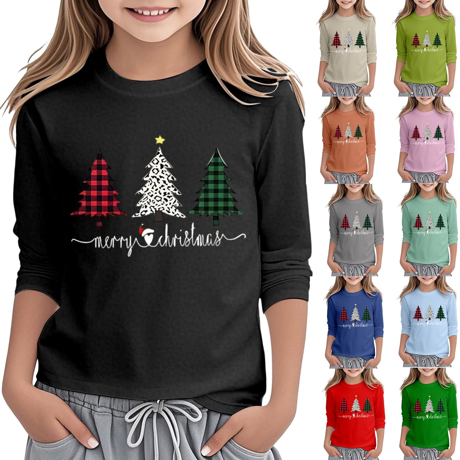 FUZHIQ Christmas Shirts for Girl 3/4 Sleeve Christmas Tree Snowflakes ...