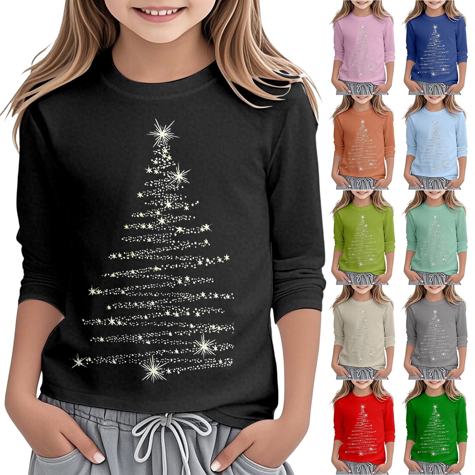 FUZHIQ Girl Long Sleeve Shirts Christmas Tree Print Crewneck Long ...