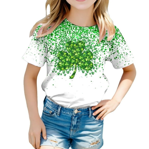 FUZHIQ Girls Shamrock Shirts Funny Irish Clover Pattys Short Spring ...