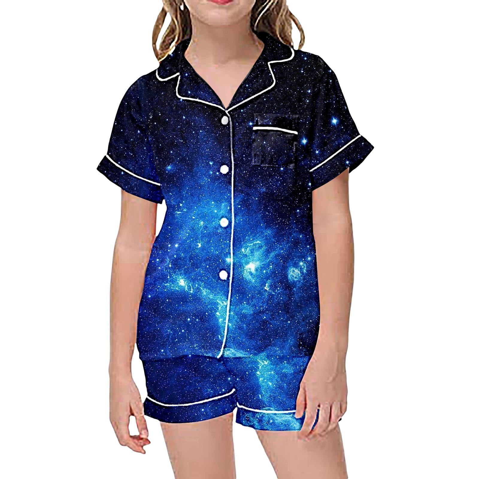 FUZHIQ Girls Two Piece Outfits ,Girls Galaxy Print Button Lapel Short Sleeve Top Shorts Pajama ...