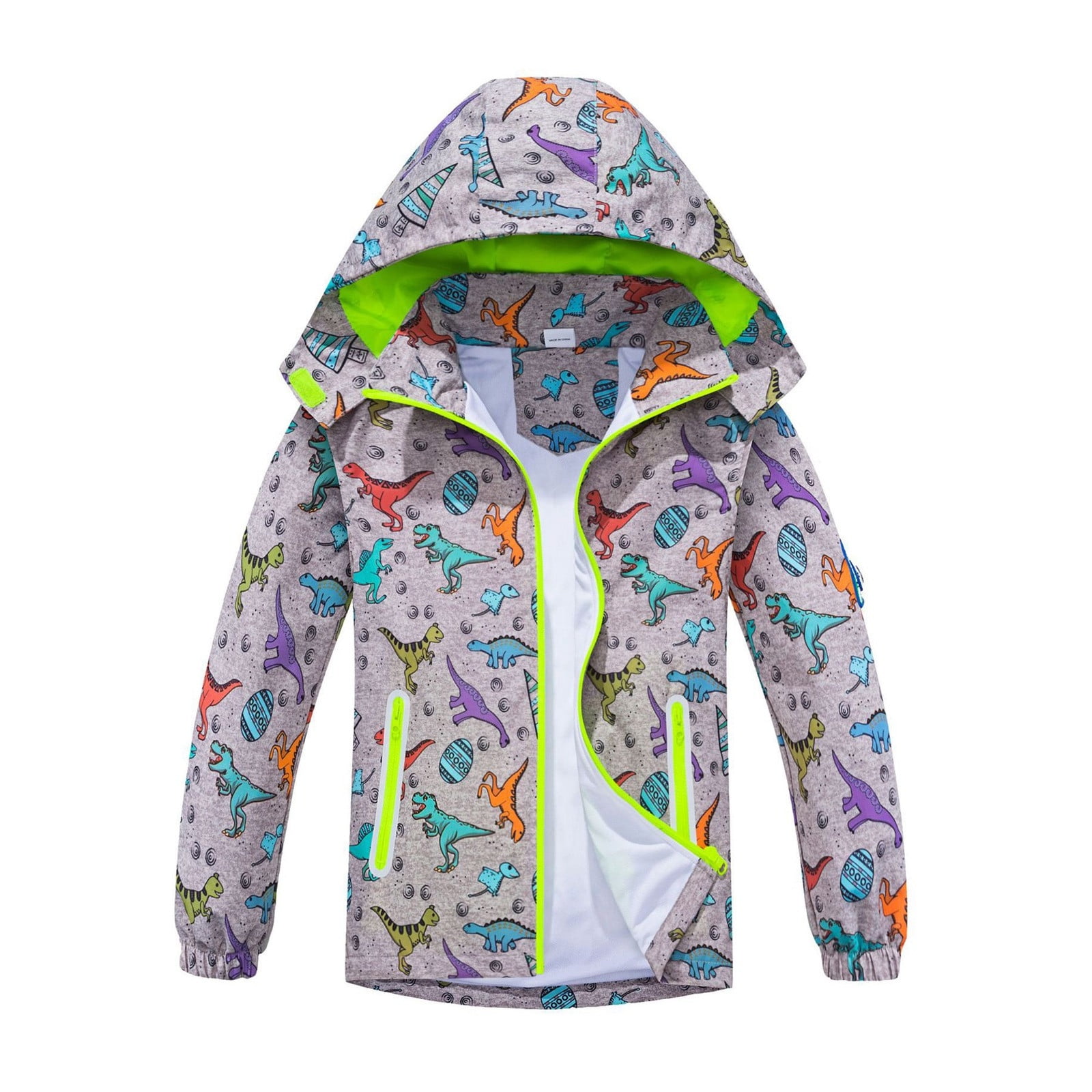 FUZHIQ Kids Dinosaur Print Hooded Jacket Windproof Raincoat Breathable Zipper Coat For Boys ...